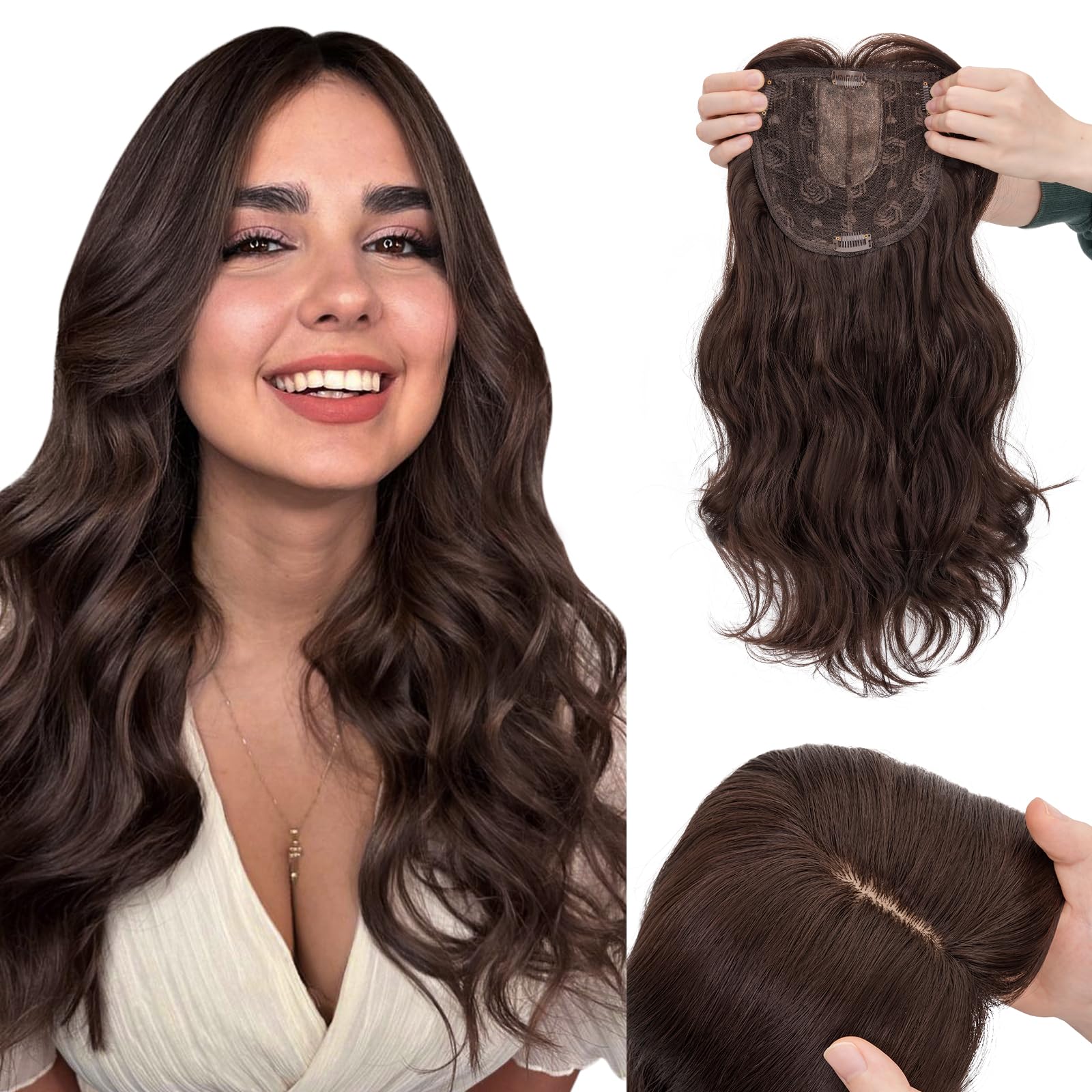 Hairro 18 Inch Long Hair Toppers Wavy with Side Bangs for Women, Clips ...