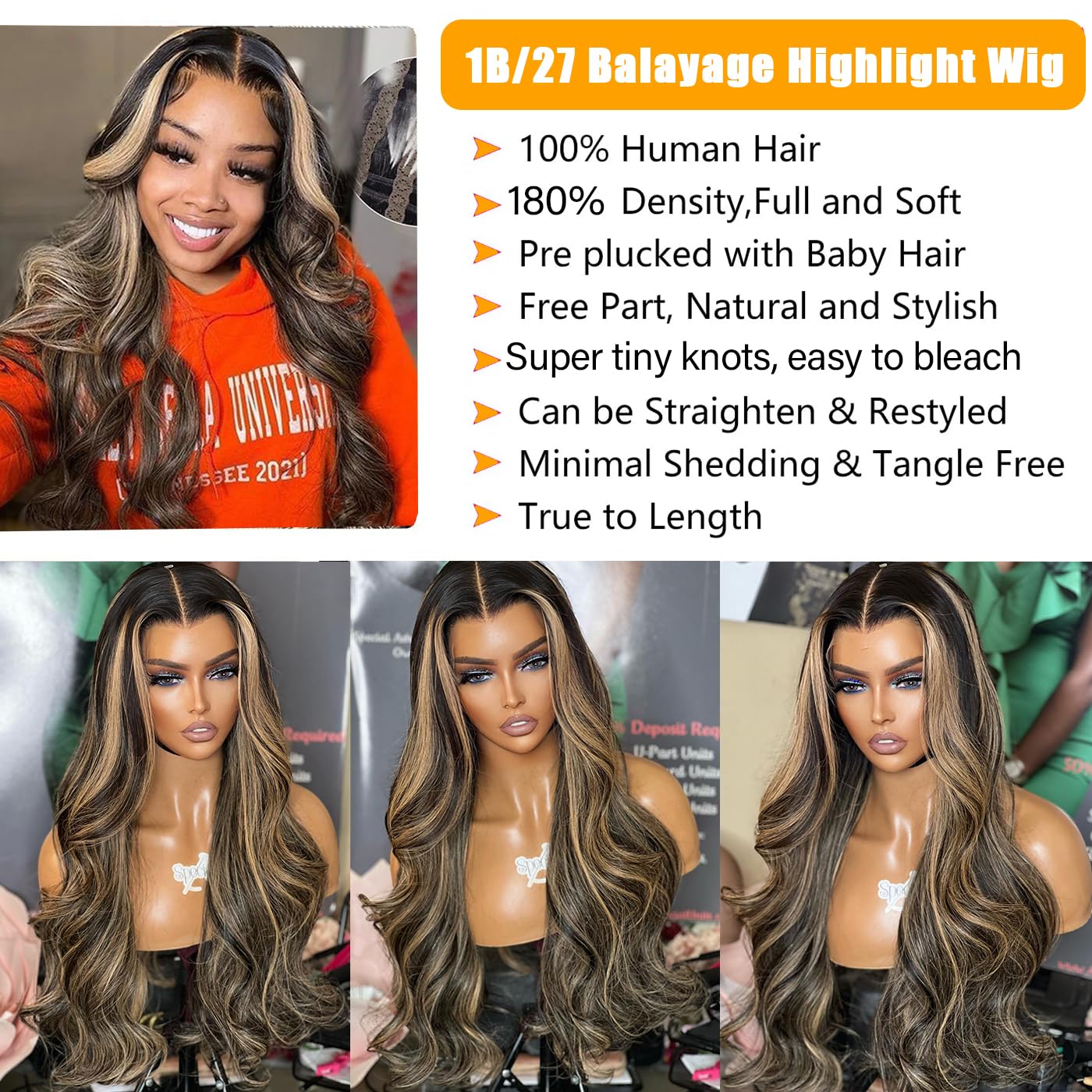 13x4 FB/27 Balayage Highlight Lace Front Wigs Human Hair Pre Plucked ...