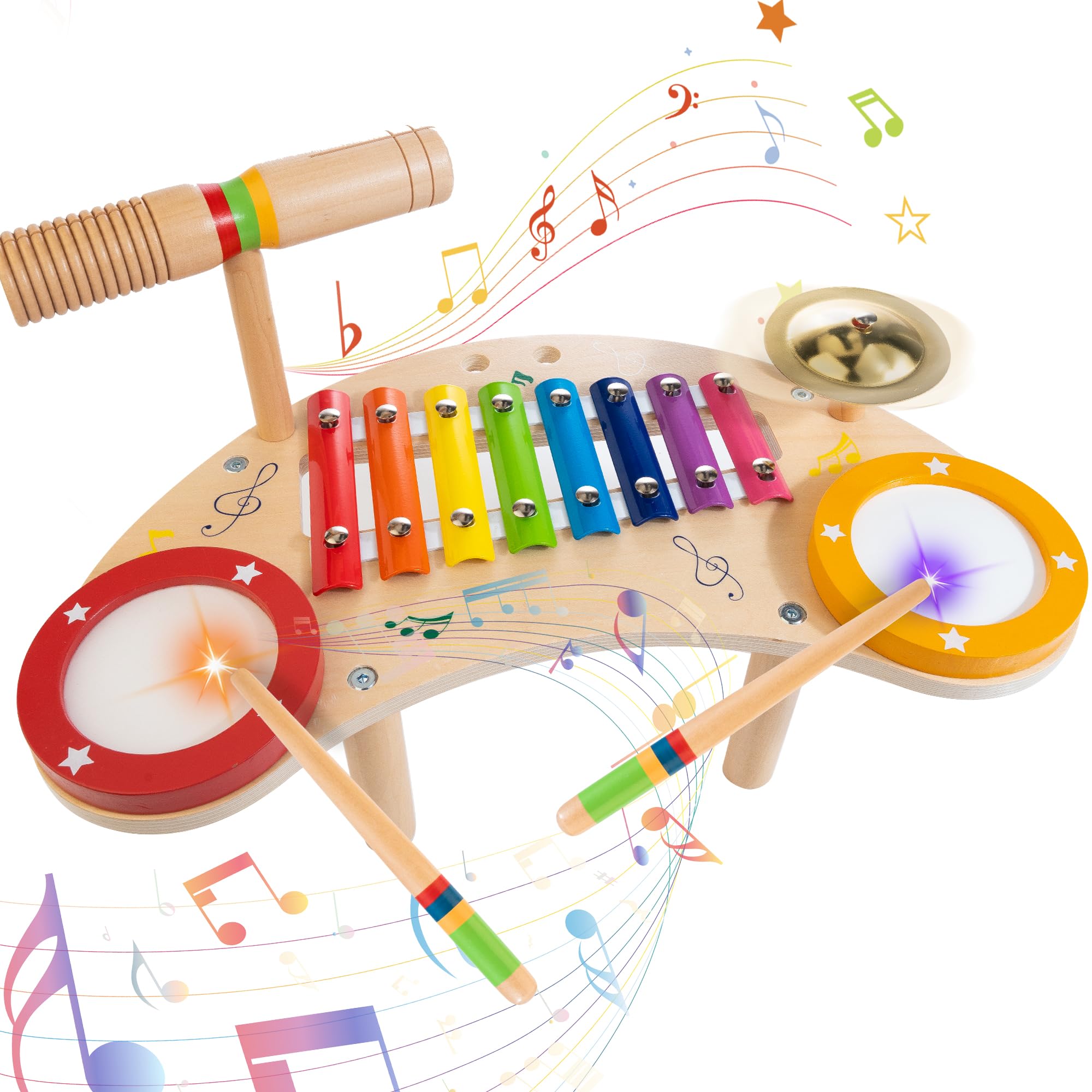 JUSTWOOD Wooden Kids Drum Set, All in 1 Percussion Instruments for ...