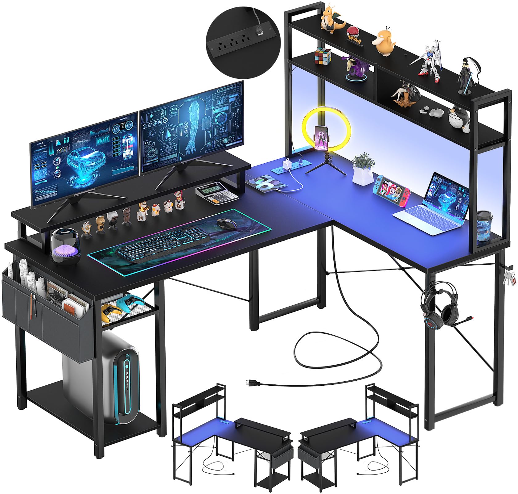 Aheaplus Small L Shaped Gaming Desk with LED Lights & Power Outlets ...