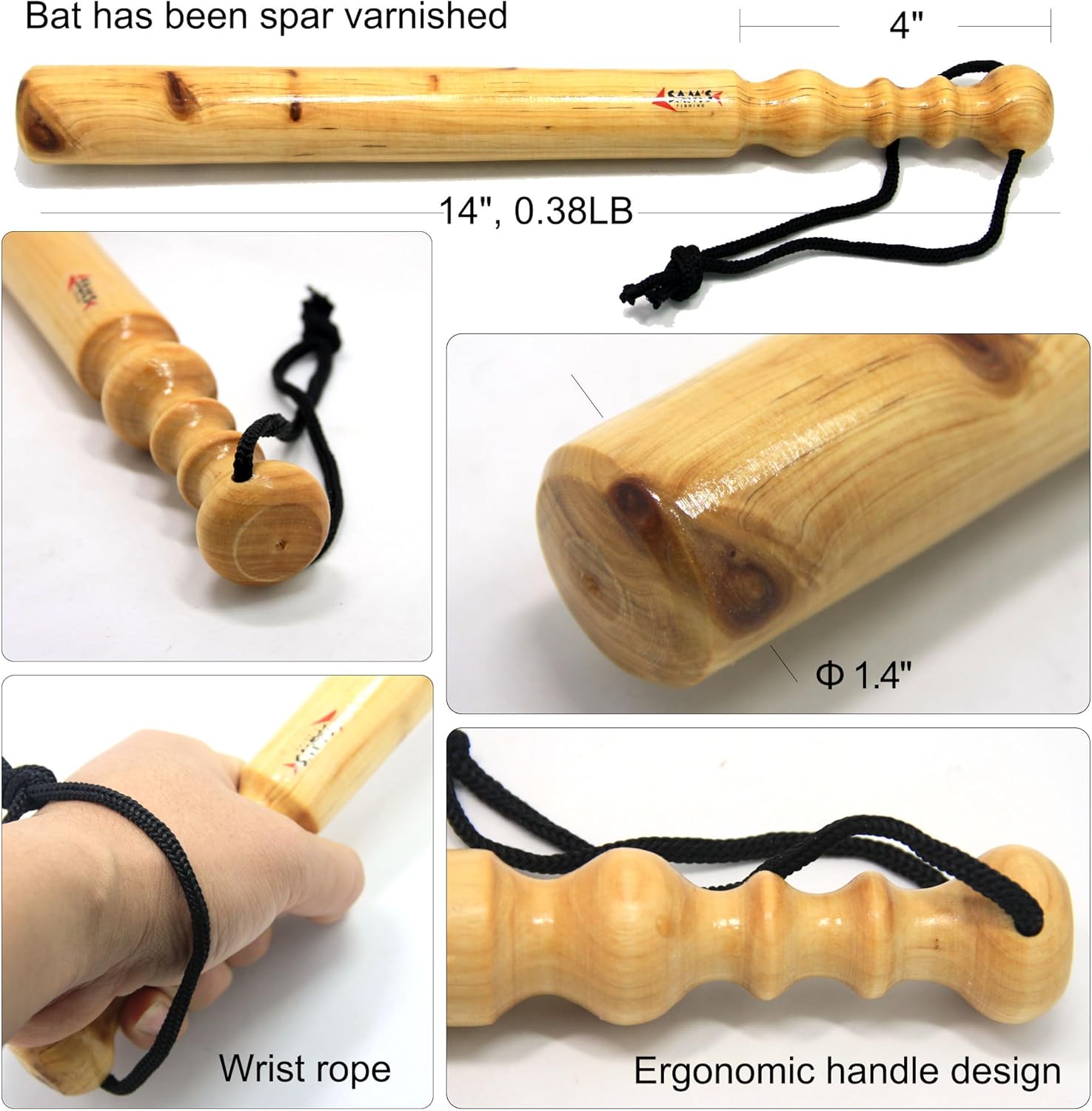 SAMSFX Wooden Priest Fish Wacker Bat with Lanyard 14-Inch 175g for Sea ...