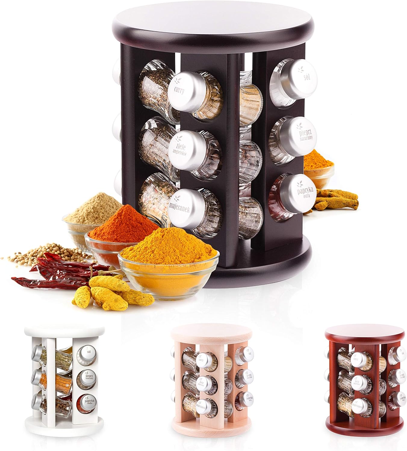 Revolving Spice Racks Free Standing with Glass Jars Full of Herbs and ...