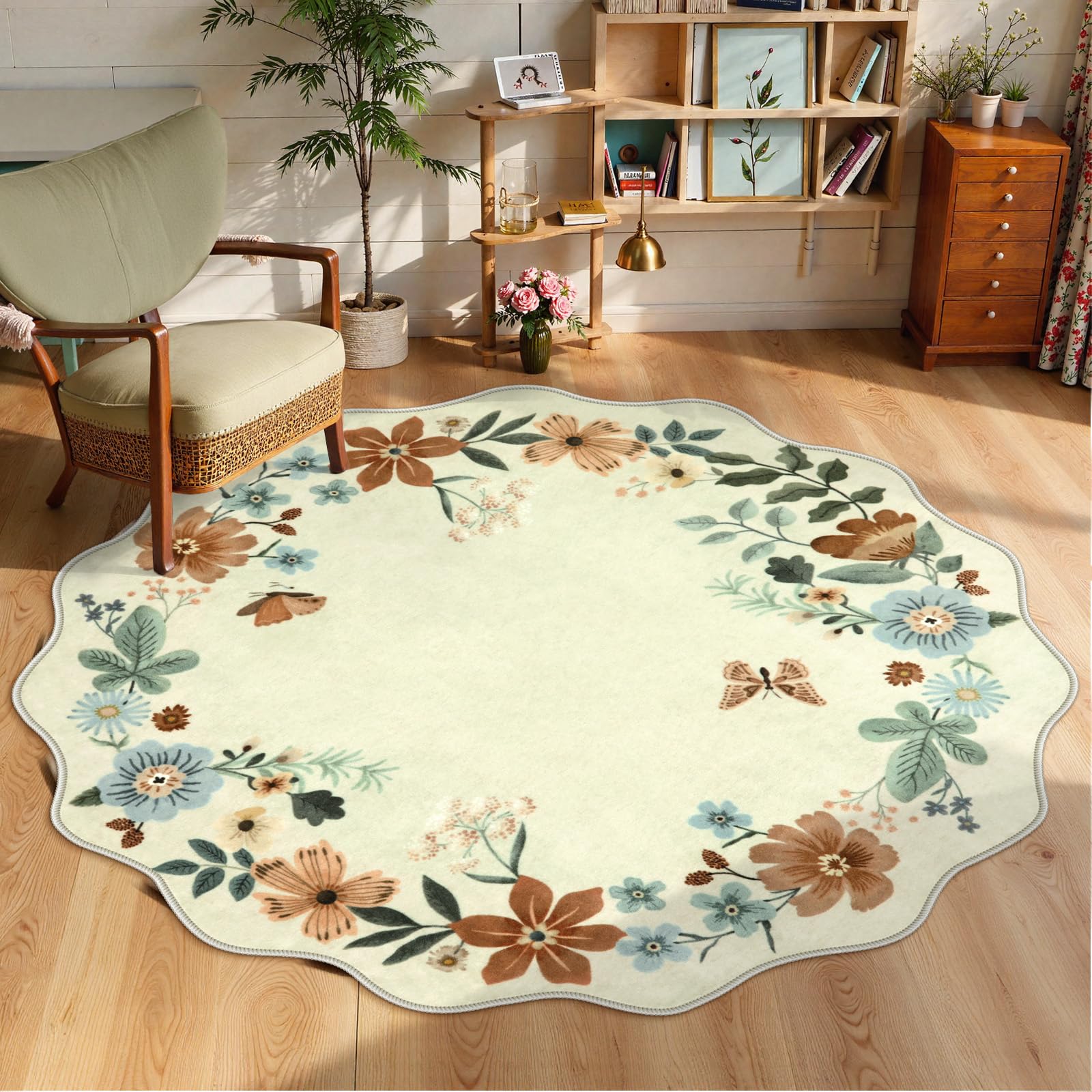 Lahome Floral Washable Round Area Rug, Soft Round Rugs 6ft Ultra-Thin ...