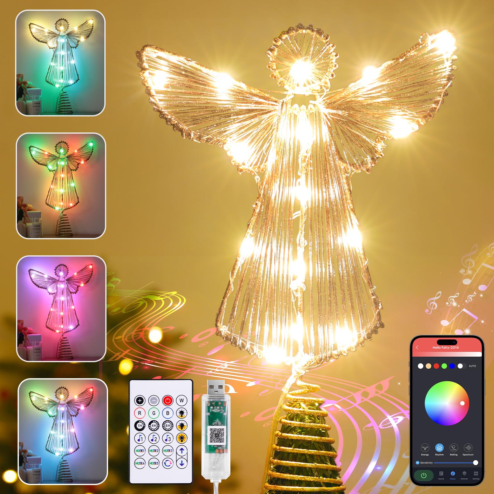 Gold Christmas Angel Tree Topper, DIY Smart 15 LED Lighted Treetop ...
