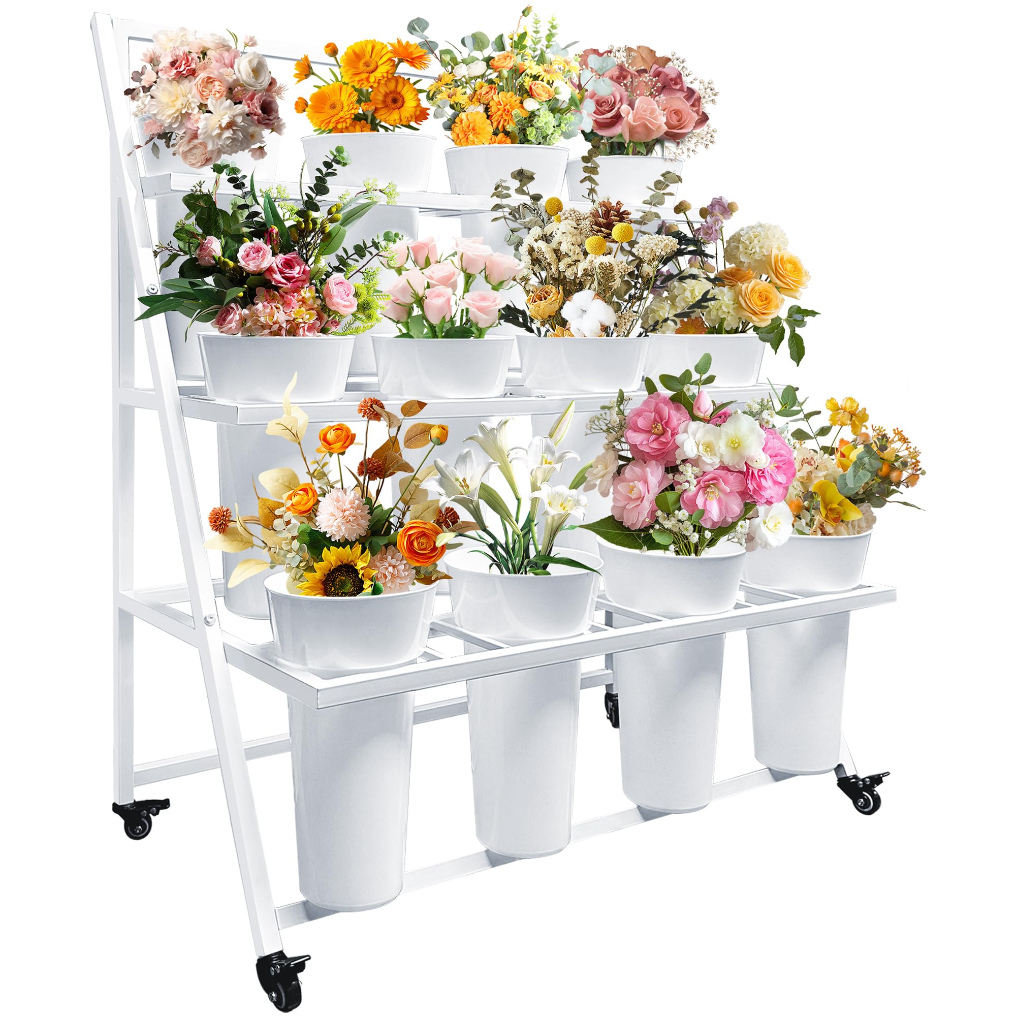 PROLEE Flower Stand with 12 Buckets, Flower Display Stand with Wheels ...