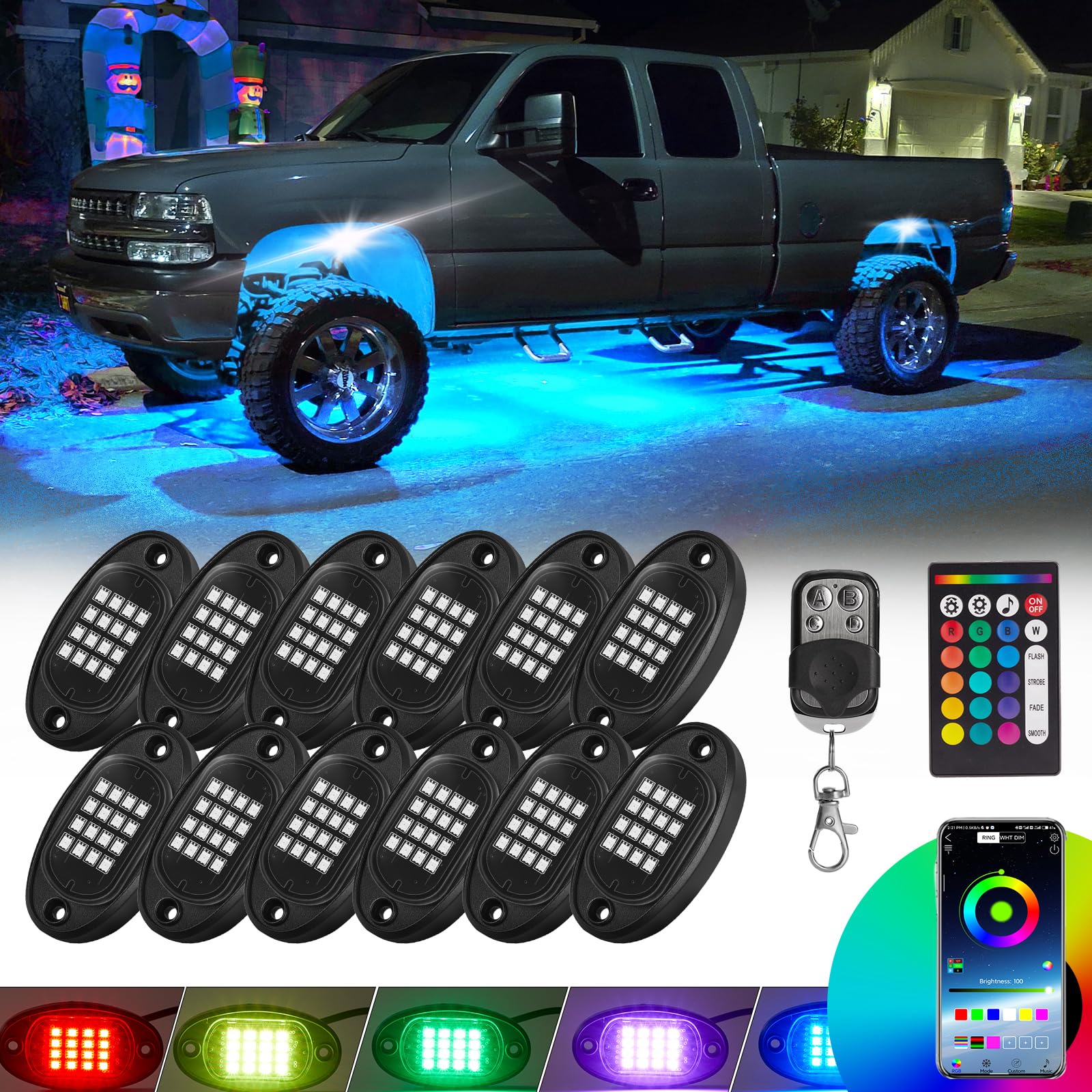 12 Pods RGB LED Rock Lights for Trucks Golf Cart Pickup Offroad RV UTV ...