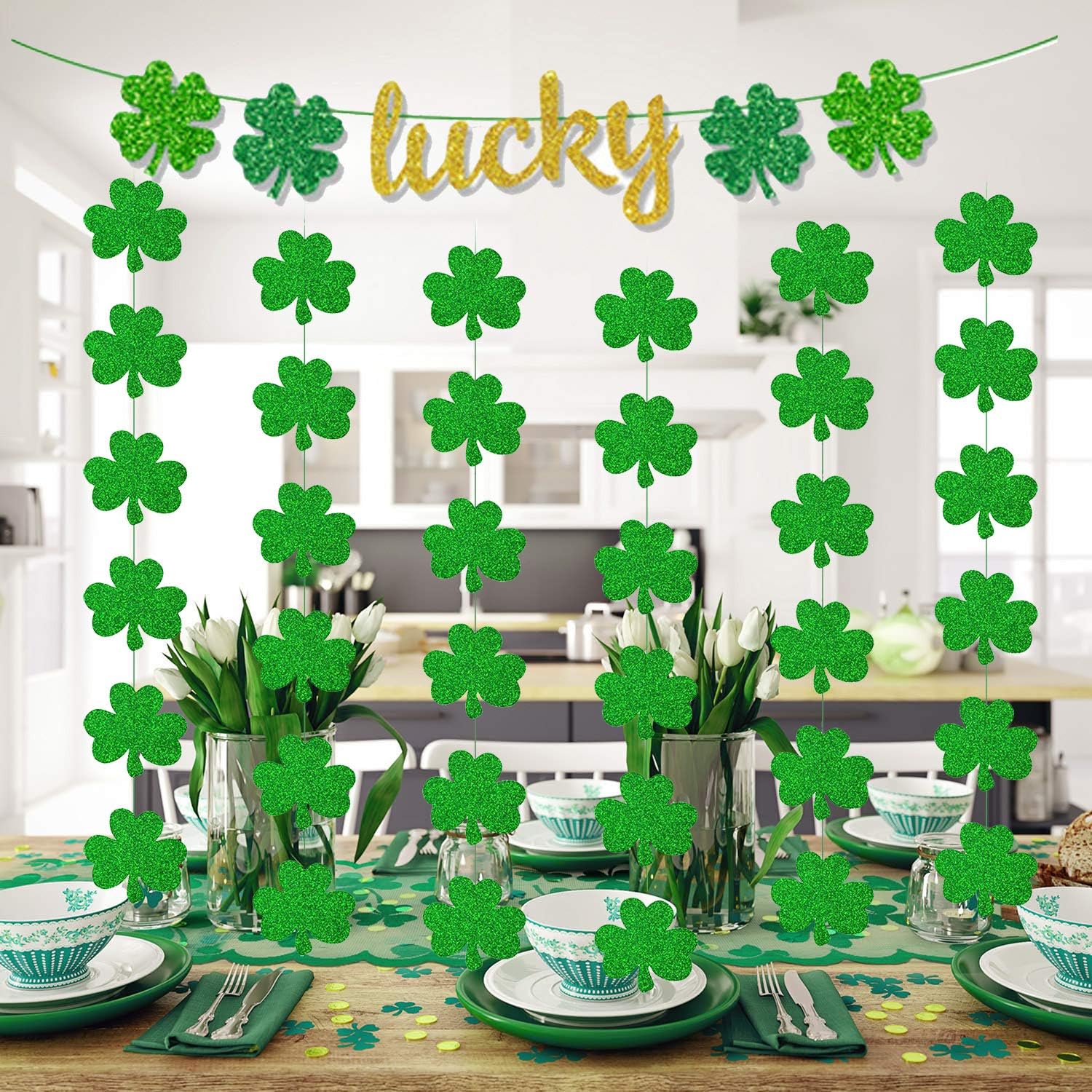 Sayala 7Pieces Shamrock Clover Garlands Banners Glitter Shamrock ...