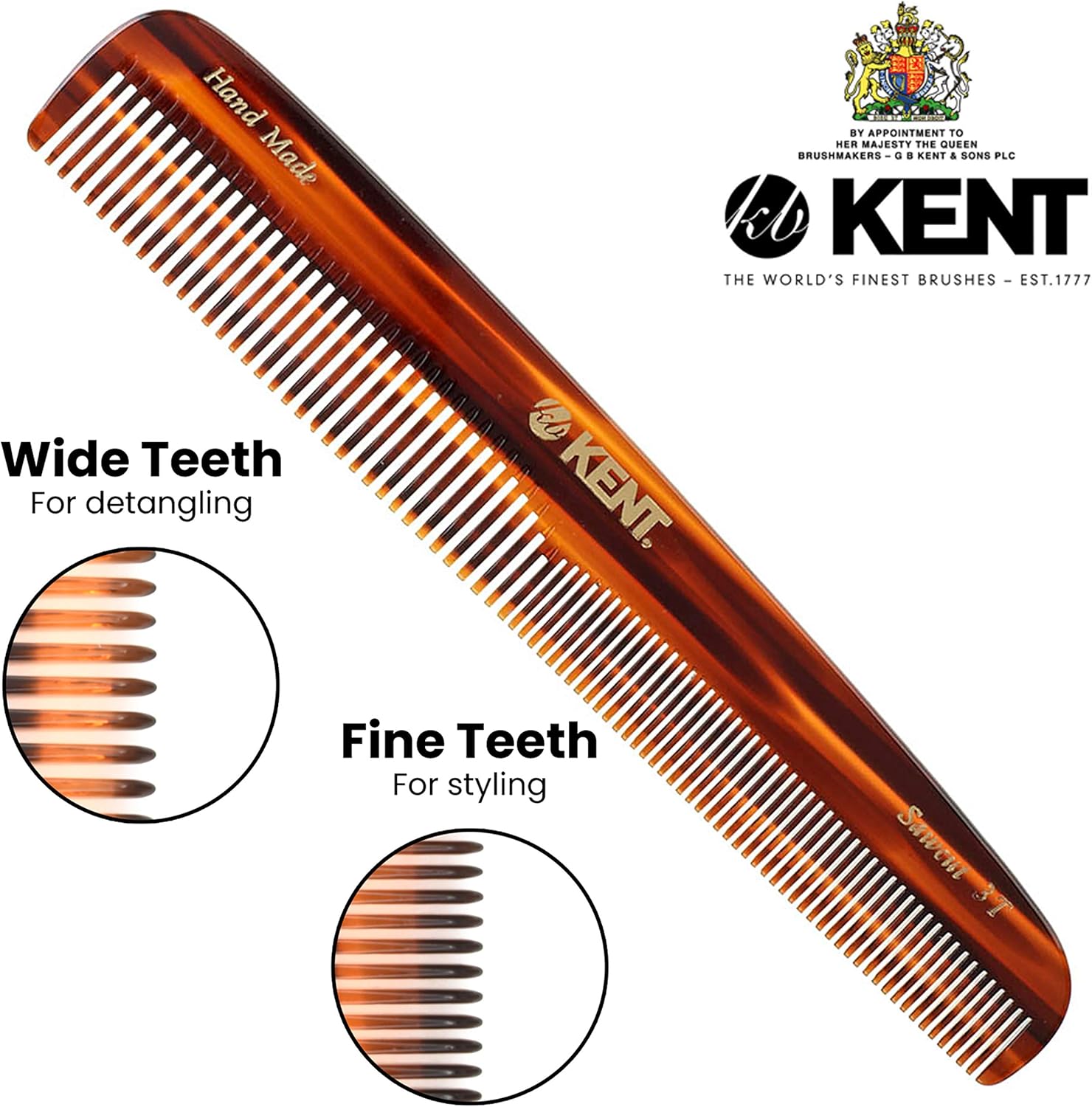 Kent Brushes Handmade Combs Range 3T Medium Size Coarse and Fine Comb ...