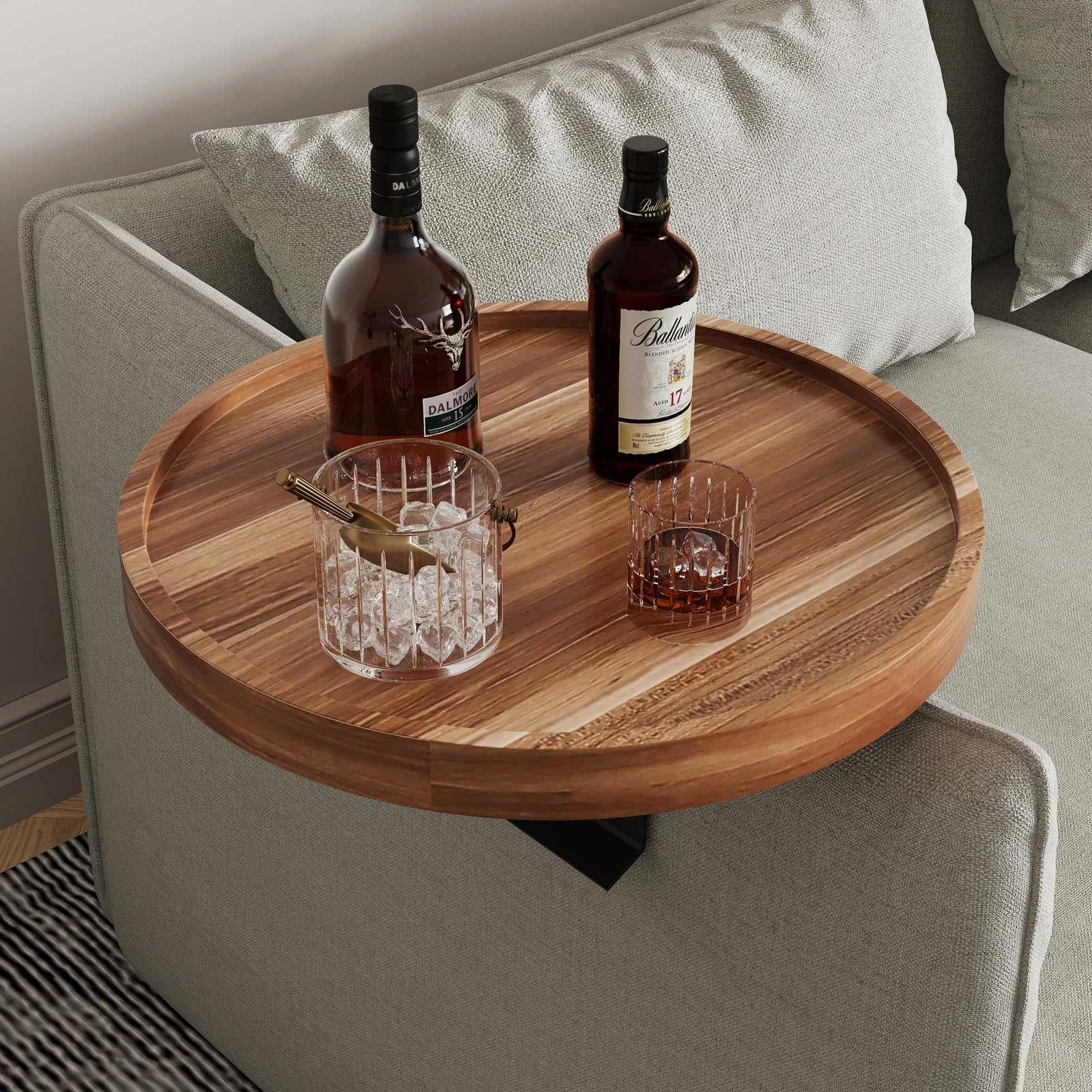 Semjar Natural Wood Couch Arm Table,Adjustable Round Couch Arm Tray ...