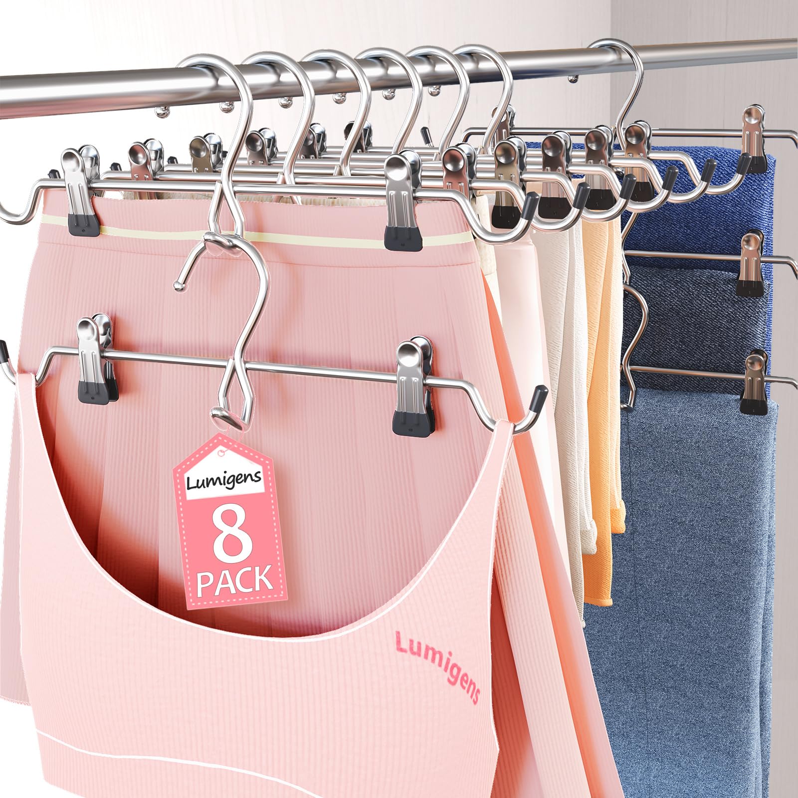 Pants Hangers Space Saving,Stackable Skirt Hangers with Clips, Hanging ...