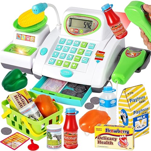 HERSITY Kids Toy Cash Register with Scanner and Microphone, Pretend ...