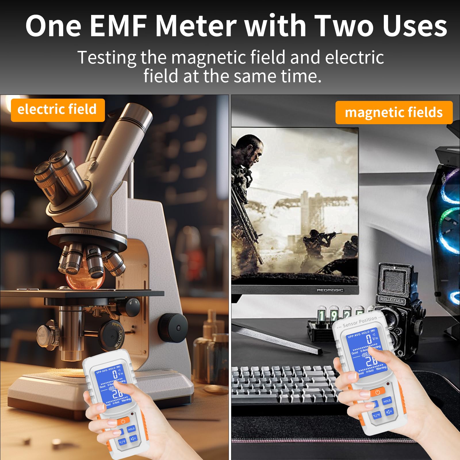 EMF Meter, Rechargeable Electromagnetic Field Radiation Detector Handheld Digital LCD EMF Reader ...