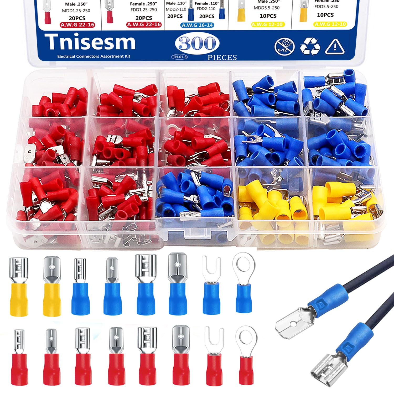Mua Tnisesm 300Pcs Spade Connector,Crimp Connectors 2.8mm 4.8mm 6.3mm ...