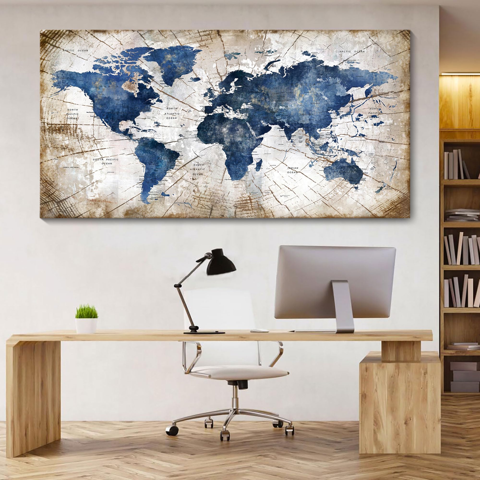 World Map Canvas Wall Art Abstract Navy World Maps for Wall Vintage ...