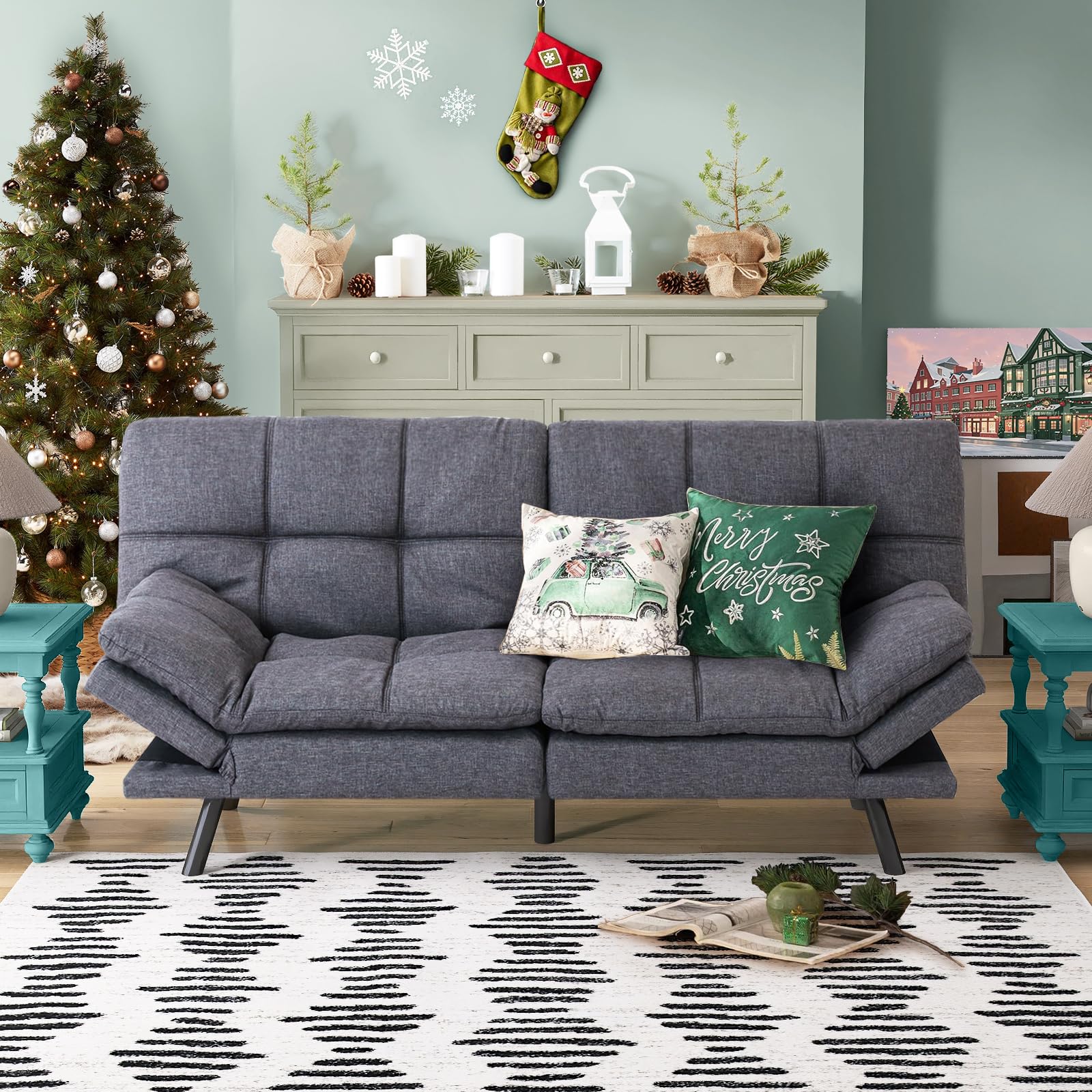 AMICLIBER Futon Sofa Bed, Grey Linen Memory Foam Futon Sleeper Sofa ...