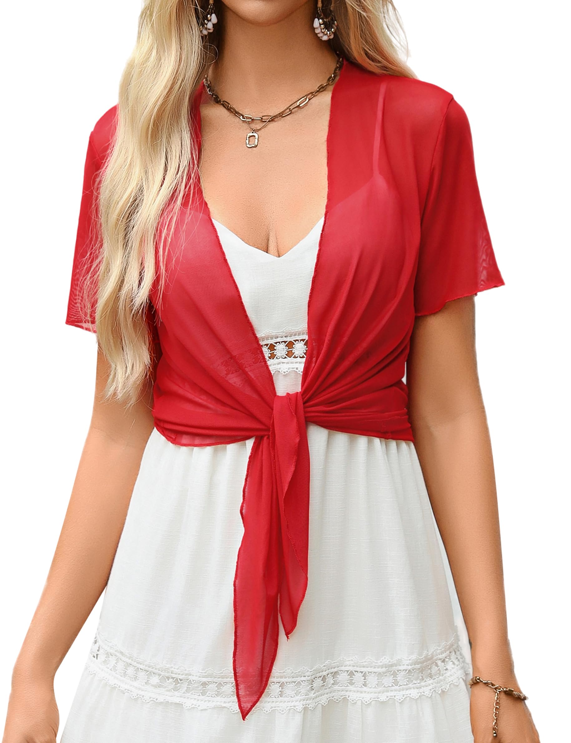 Totatuit Women's Short Sleeve Shrugs Sheer Tie Front Cropped Cardigan ...