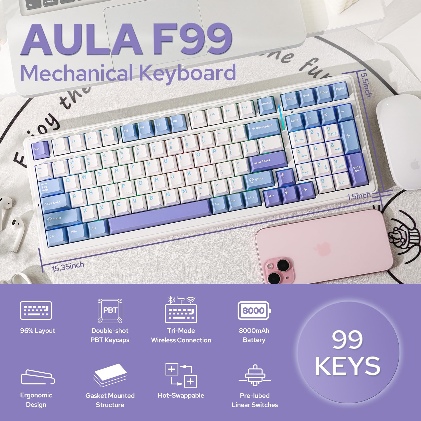 Mua x AULA F99 Wireless Mechanical Keyboard, Hot Swappable Gasket Custom Gaming Keyboard with ...