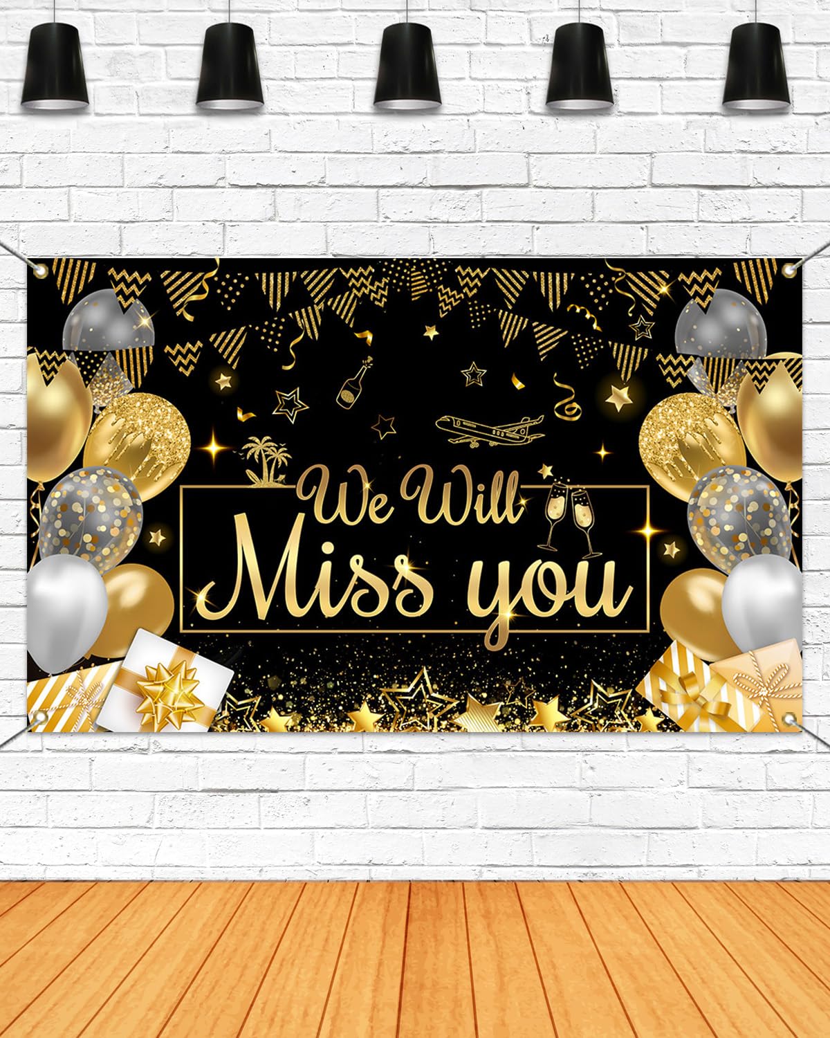 Mocsicka We Will Miss You Backdrop Banner Extra Large Black Gold Going Away Retirement Party ...