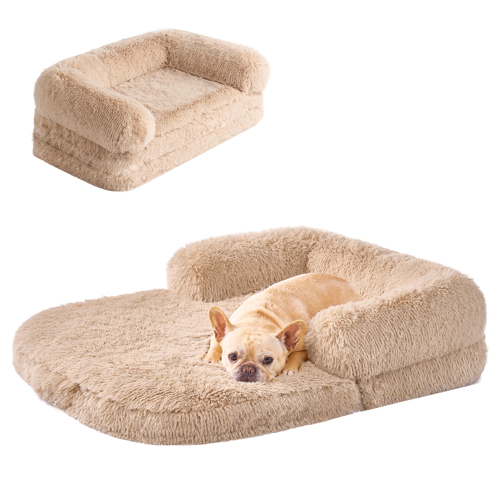 EHEYCIGA Foldable L Dog Bed, Faux Fur Fluffy Dog Couch Bed, Orthopedic Calming Memory Foam L Pet ...