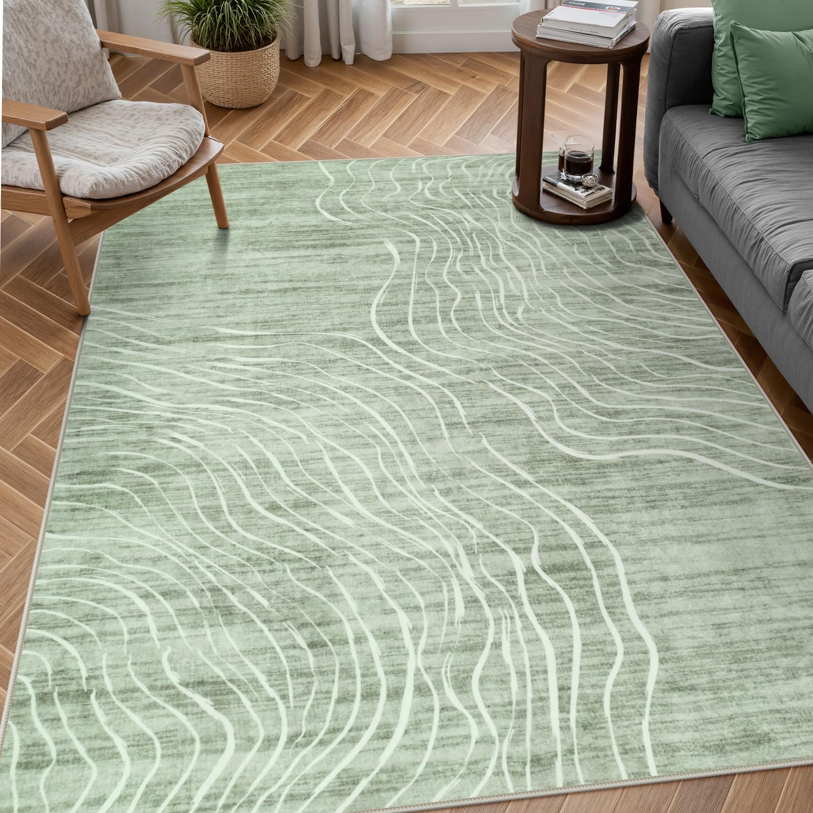 5x7 Sage Green Modern Abstract Area Rugs for Living Room, Washable Rugs ...