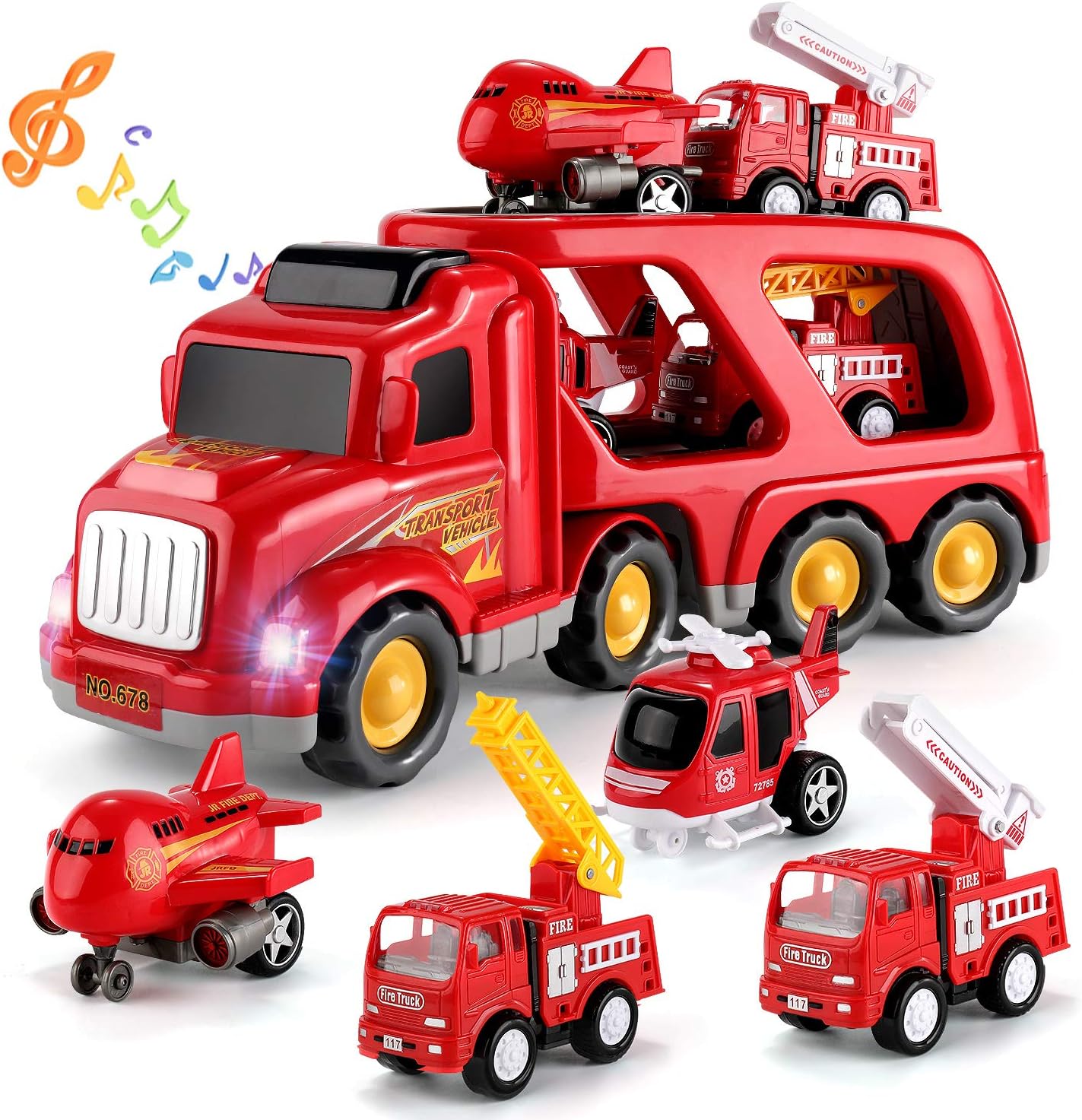 TEMI Fire Truck Engine Vehicle Toy Set, 5-in-1 Friction Power Carrier ...