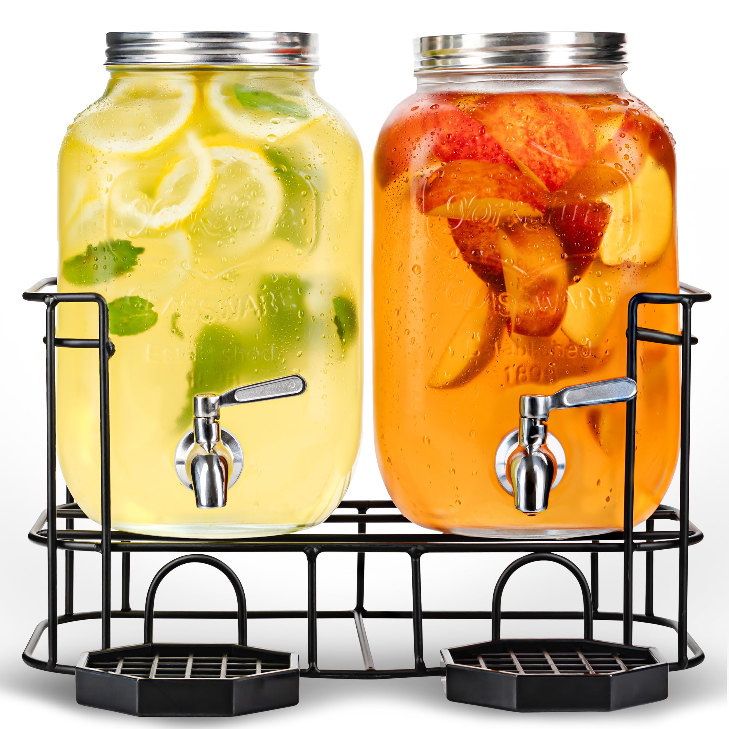 Dual Gallon Glass Beverage Dispensers with Metal Stand, Stainless Steel ...