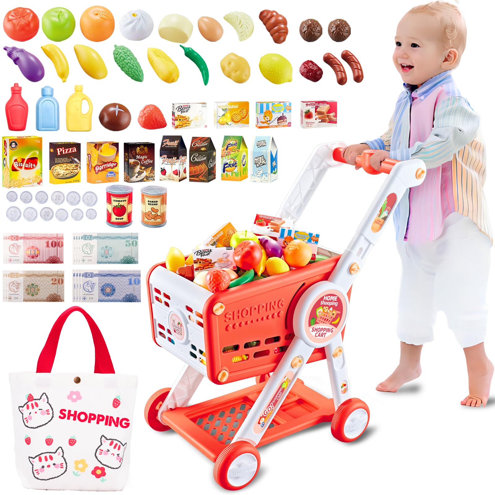 WASAiKA Kids Shopping Cart Trolley Playset for Baby with Play Food ...
