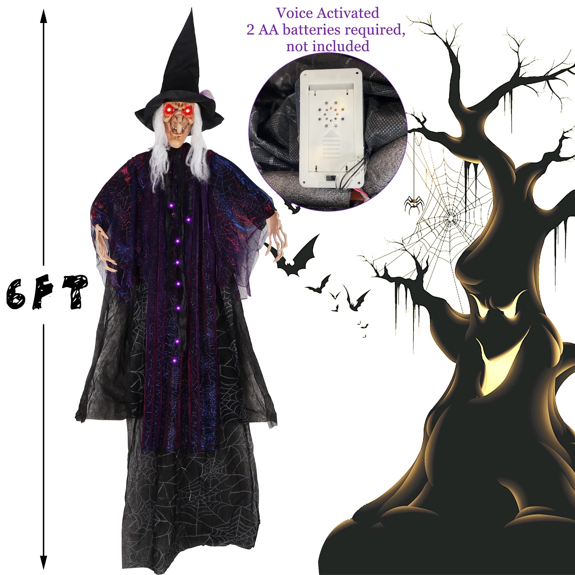 Mua Halloween Witch Props, 6FT Hanging Animated Witch with Red LED ...