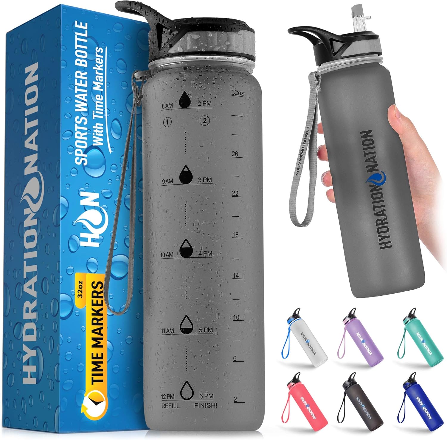 Hydration Nation (32oz) Water Bottle With Time Marker - Leak Proof ...
