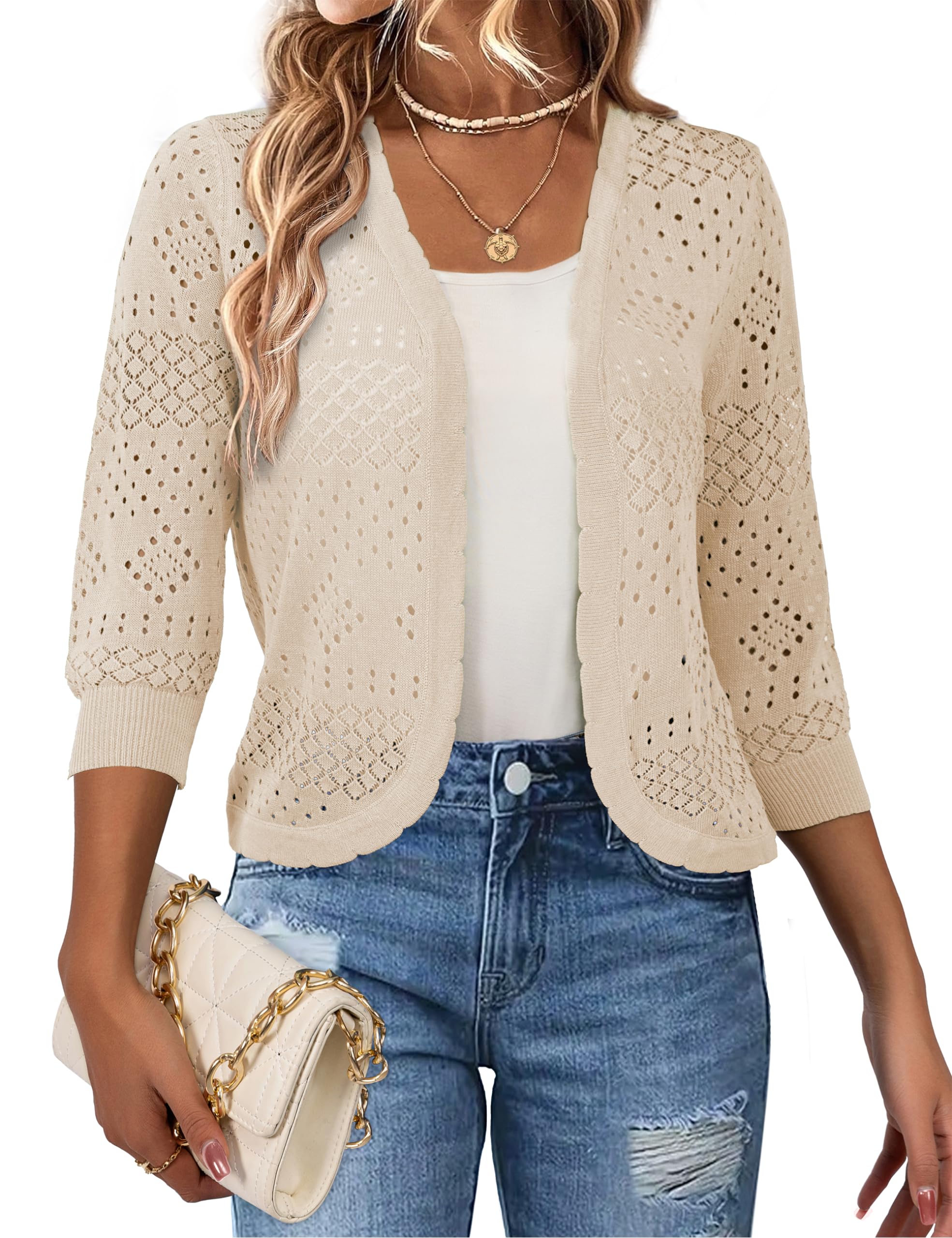 REDHOTYPE Women's 3/4 Sleeve Cardigan Open Front Cropped Shrugs Summer ...