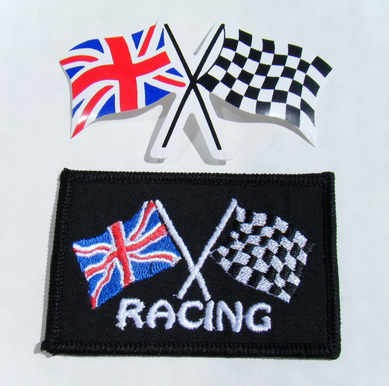 Racing Union Jack Checkered Flags Hat Badge + Crossed Flags Sticker ...
