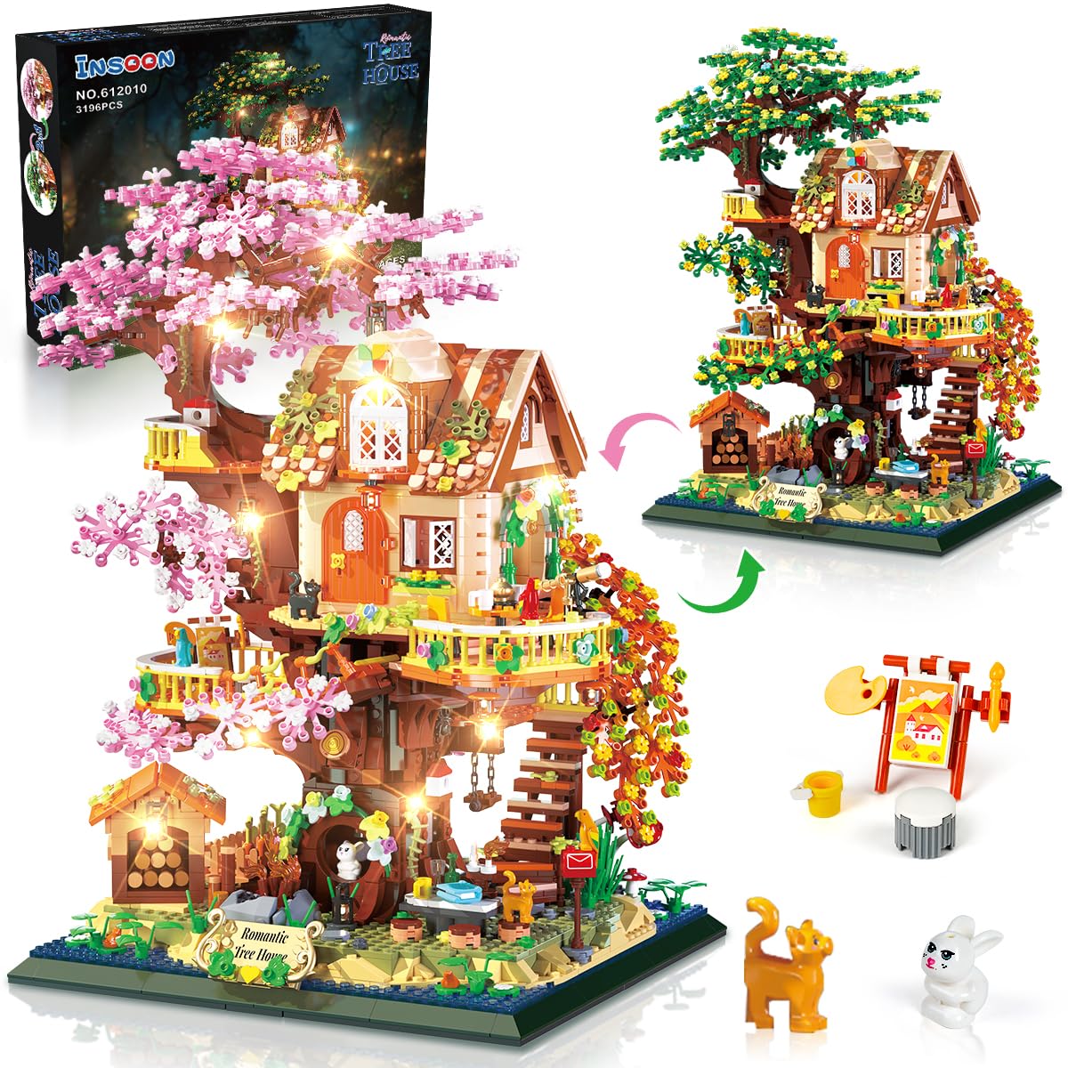INSOON 2 in 1 Cherry Blossom Tree House Building Set with LED Light ...