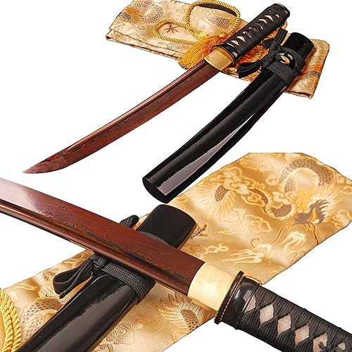 SJ SHI JIAN 12inch Damascus Folding Steel Roasted Red Short Sword ...