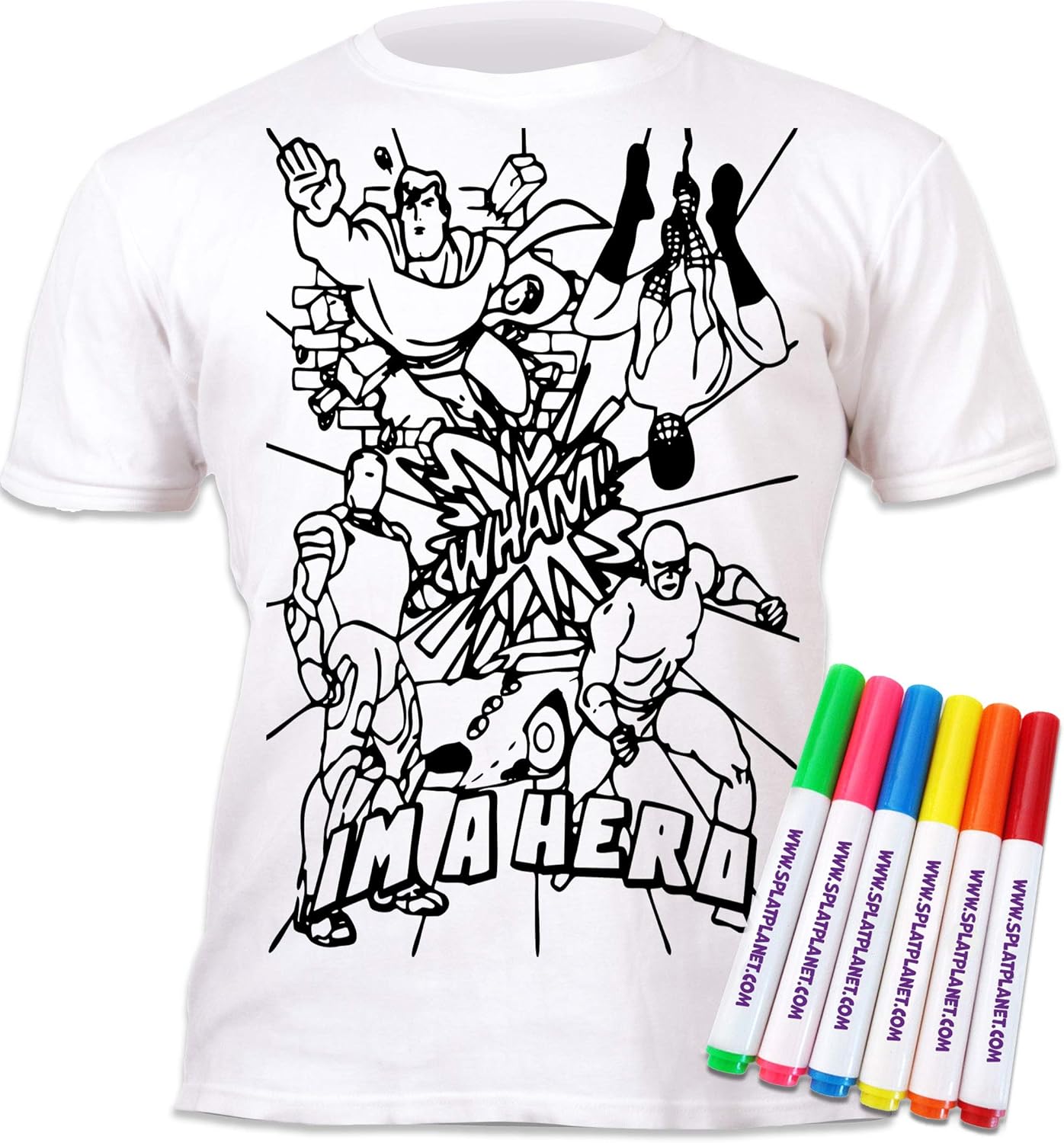 Splat Planet Colour-in Hero T-Shirt with 6 Non-Toxic Washable Magic ...