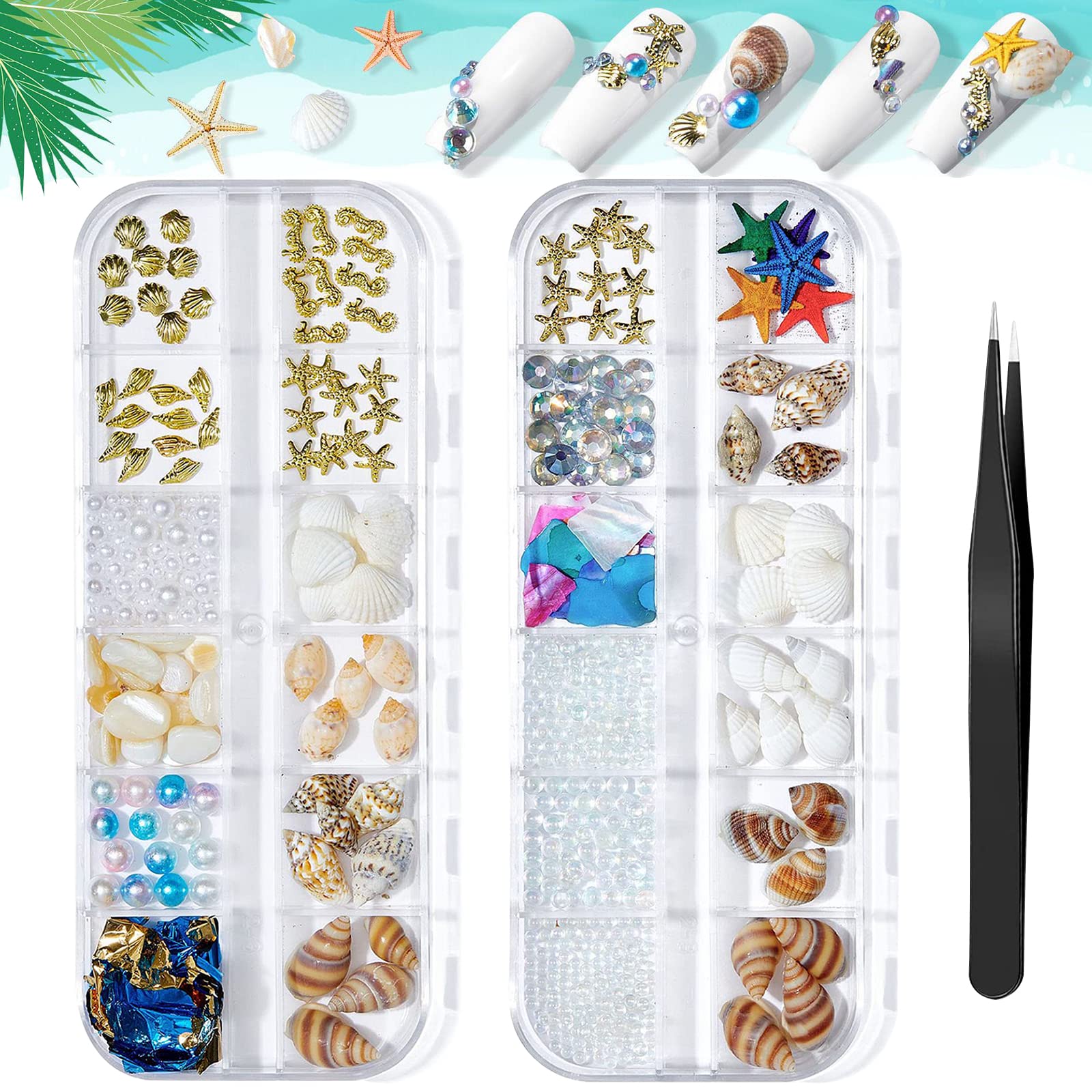 2 Boxes Summer Beach Nail Art Rhinestones Accessories Ocean Theme Shell ...