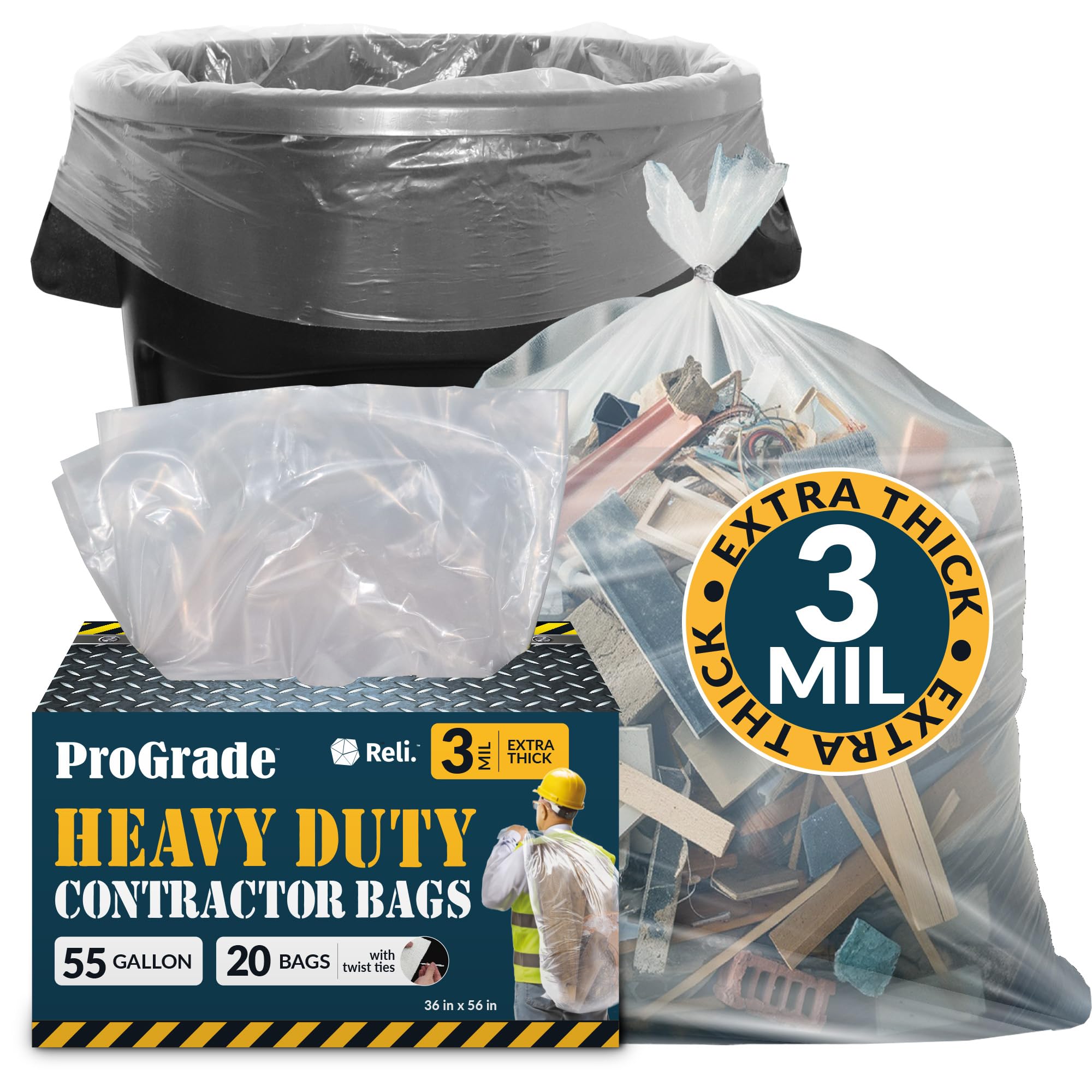 Reli. Contractor Trash Bags 55 Gallon Heavy Duty (20 Bags) | Contractor ...