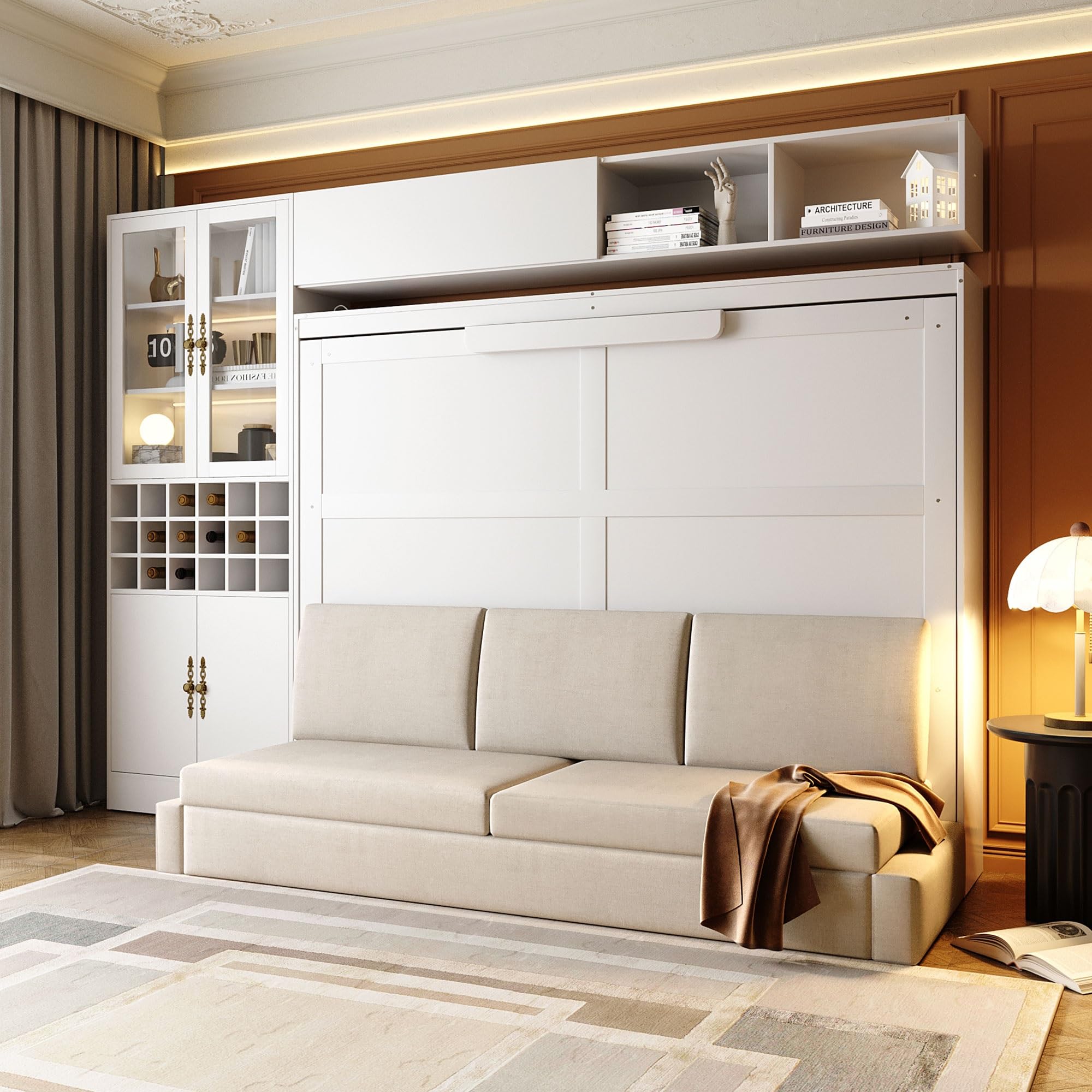 Merax Queen Size Murphy Bed Wall Bed with Sofa, Shelves, USB & Light ...