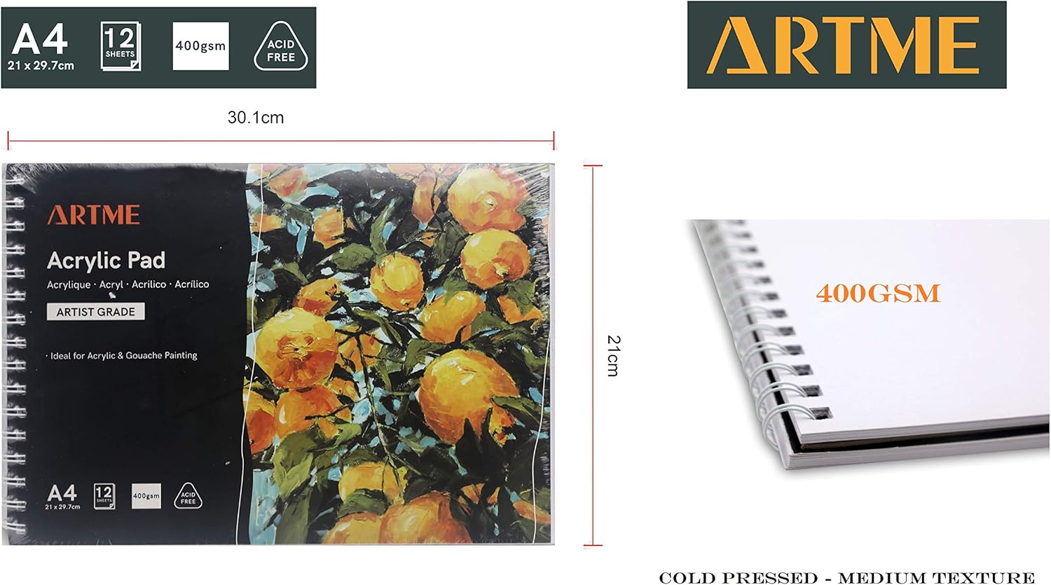 ARTME Acrylic Pad A4 x 12 Sheets/ 400gsm Extra Heavyweight/Cold Pressed ...