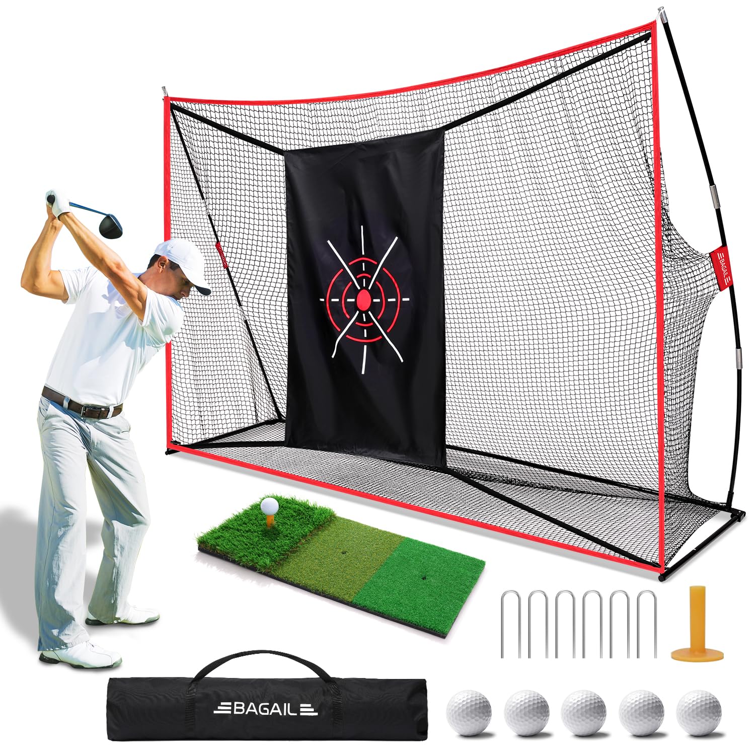 BAGAIL Golf Net, 10 x 7 ft Heavy Duty Golf Practice Net and Tri-Turf Mat, Portable Golf Net with ...