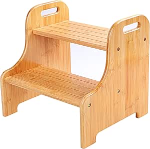 Amazon.com: Bamboo 2 Step Stool with Non-Slip Step Treads and 2 Cutout ...
