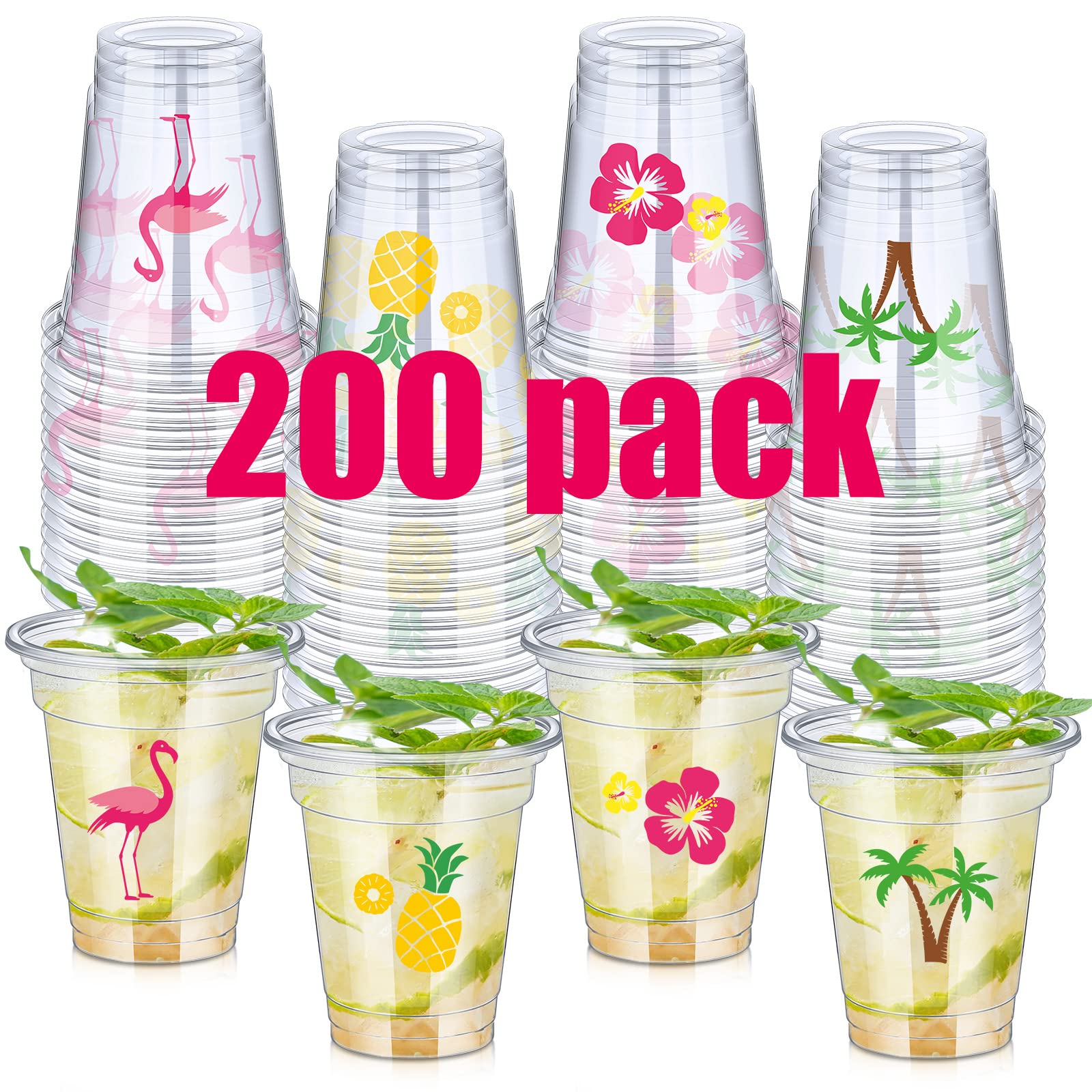meekoo 200 Pack 12 oz Clear Disposable Luau Cups Hawaiian Flamingo ...