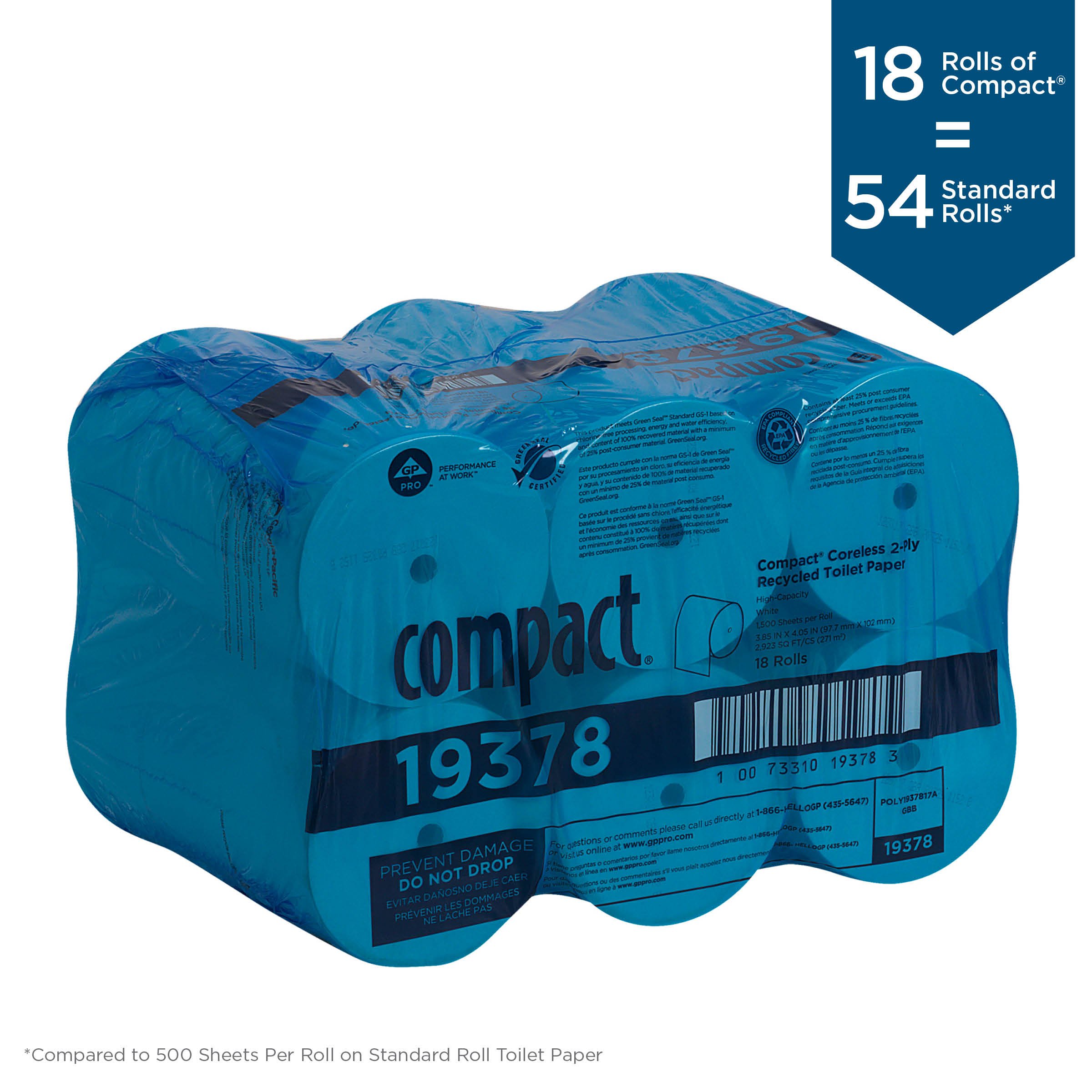 Compact Coreless 2-Ply Recycled Toilet Paper by GP PRO (Georgia-Pacific), 19378, 1500 Sheets Per ...