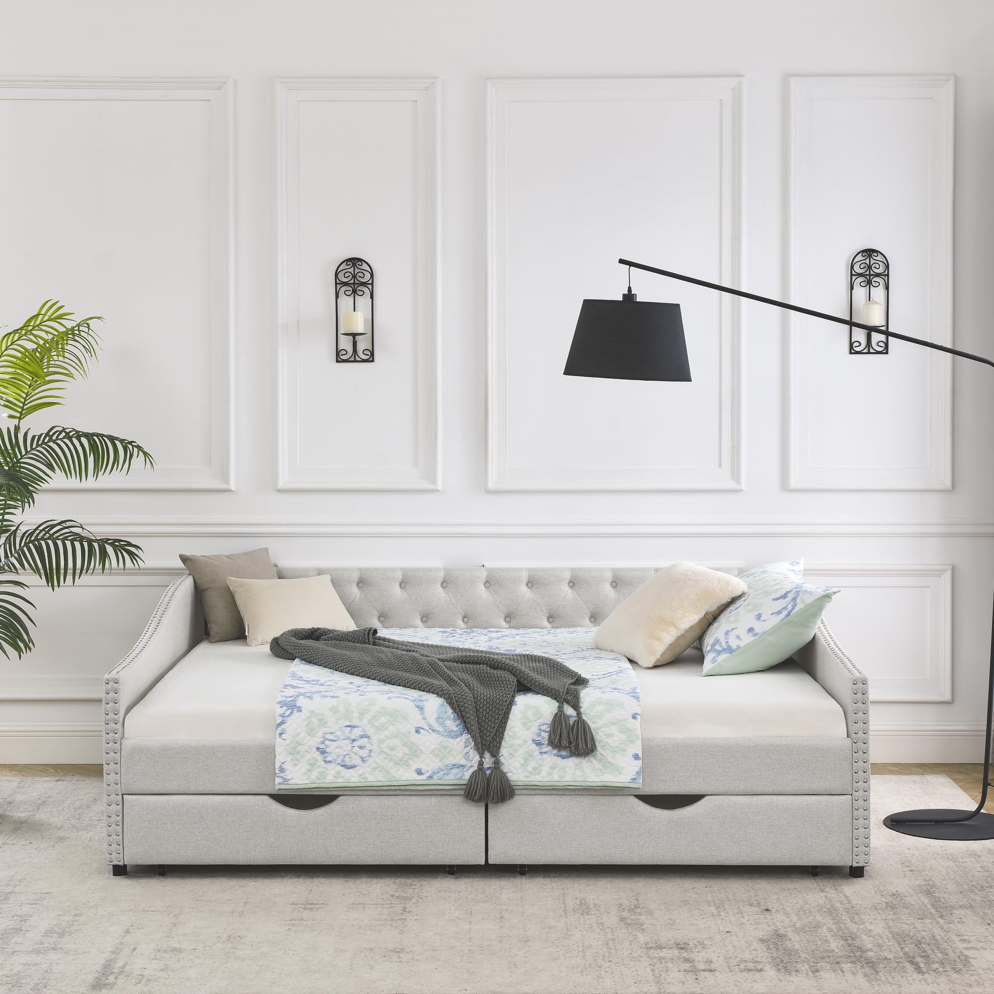 LUSPAZ Queen Size Upholstery Daybed with 2 Drawers and Headboard, Mid ...