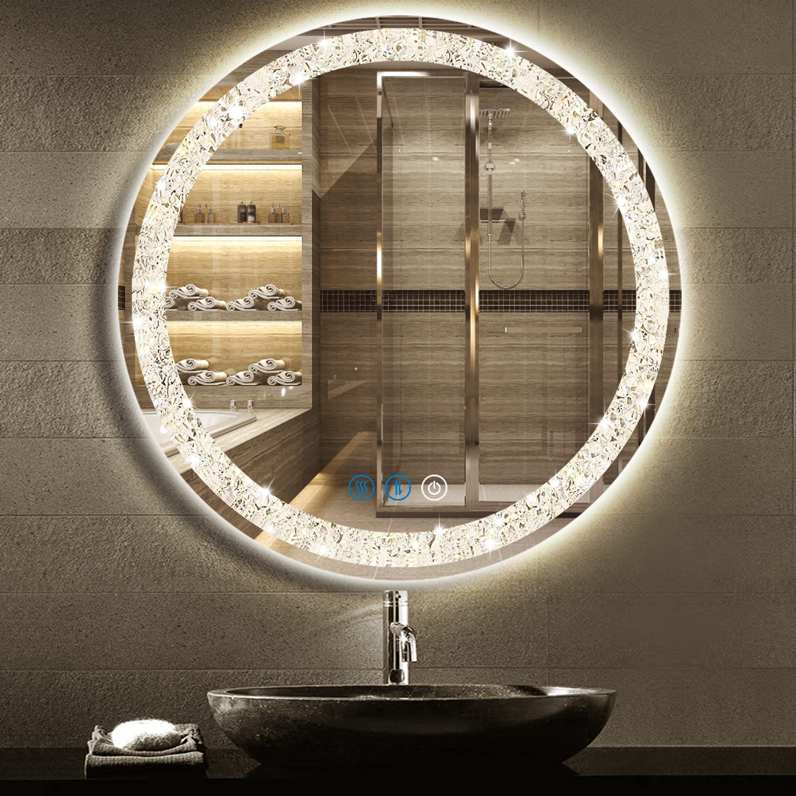 DIDIDADA Crystal Round Bathroom Vanity Mirror with Lights 3 Color 20 ...