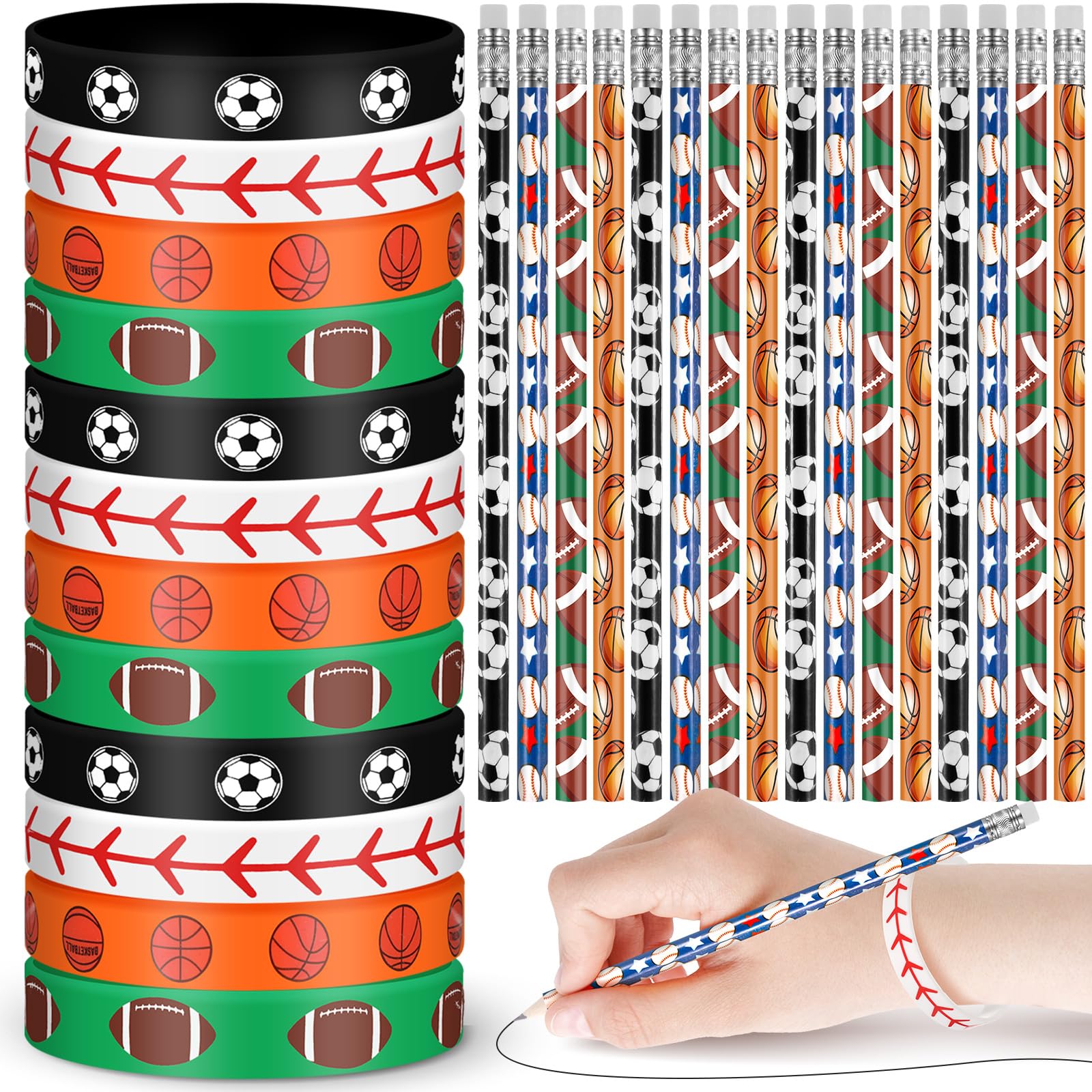 Sabary 48 Pcs Sports Pencils Silicone Bracelets Set Soccer Football ...
