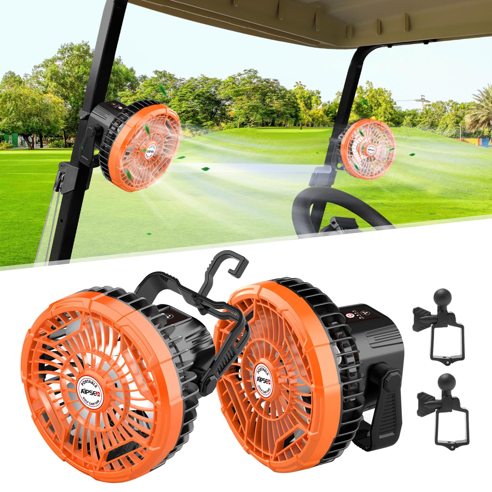 AIPSET Rechargeable Golf Cart Fan, 10400mAh Battery, 3-Speed, LED Light ...
