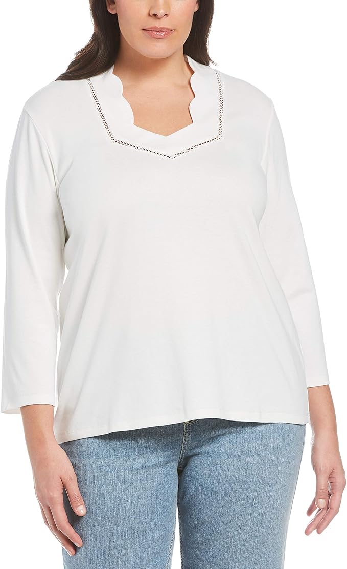 Rafaella Women's Rib-Knit 3/4 Sleeve Top with Scallop Neckline, Vanilla ...