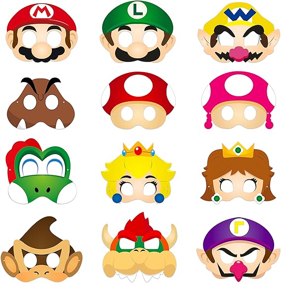 ANGOLIO 24Pcs Mario Printing Masks Themed Party Supplies Birthday Wario ...