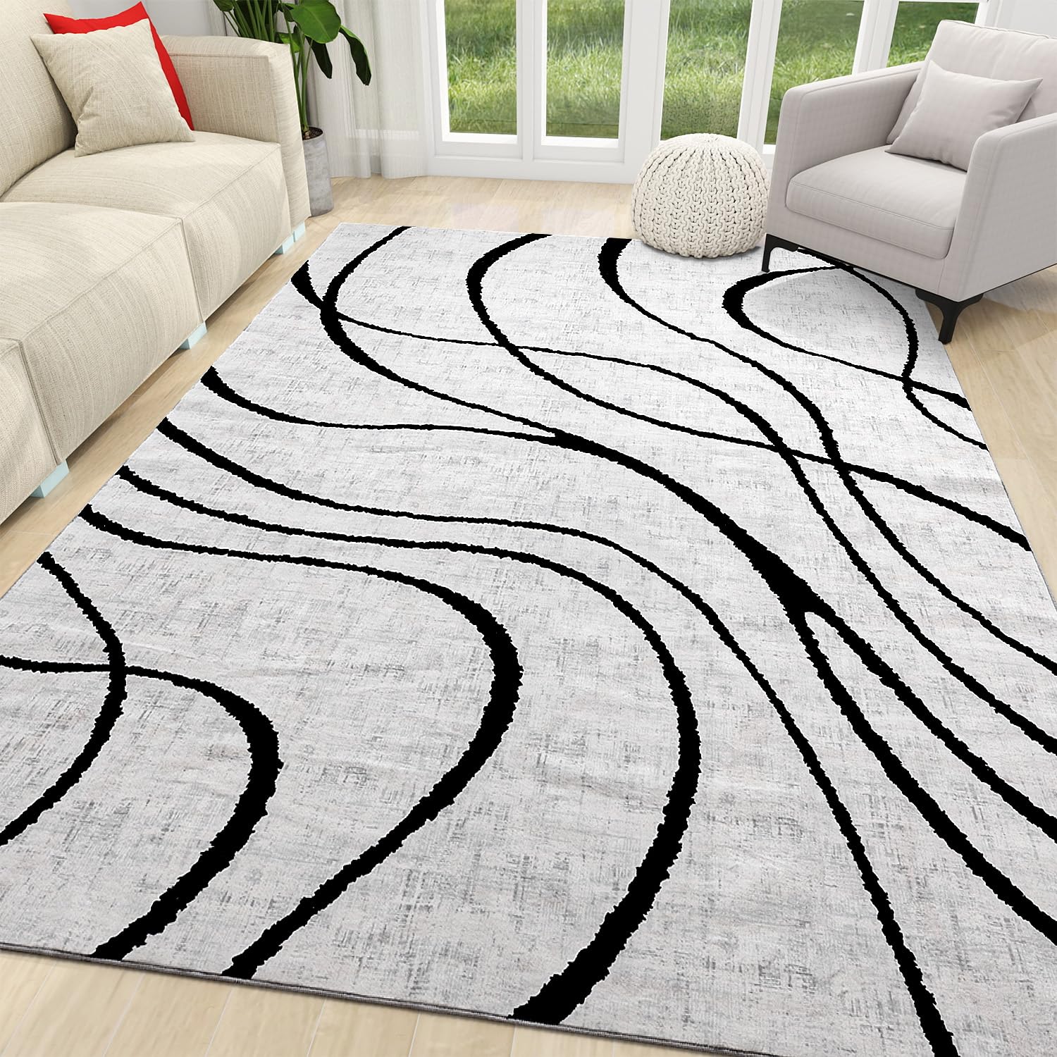 YIHOUSE Modern Abstract Wave Area Rug, 3x5, Black and White Swirl ...