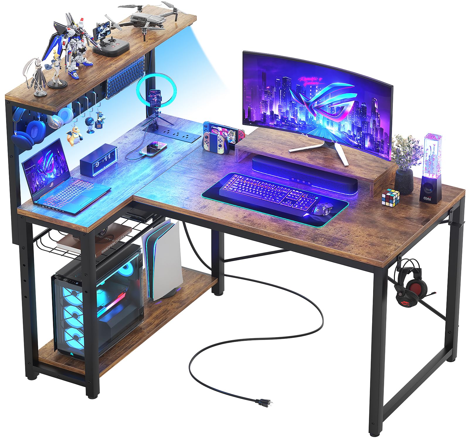 Mua Homieasy Small Gaming Desk with Power Outlets Pegboard LED Light ...